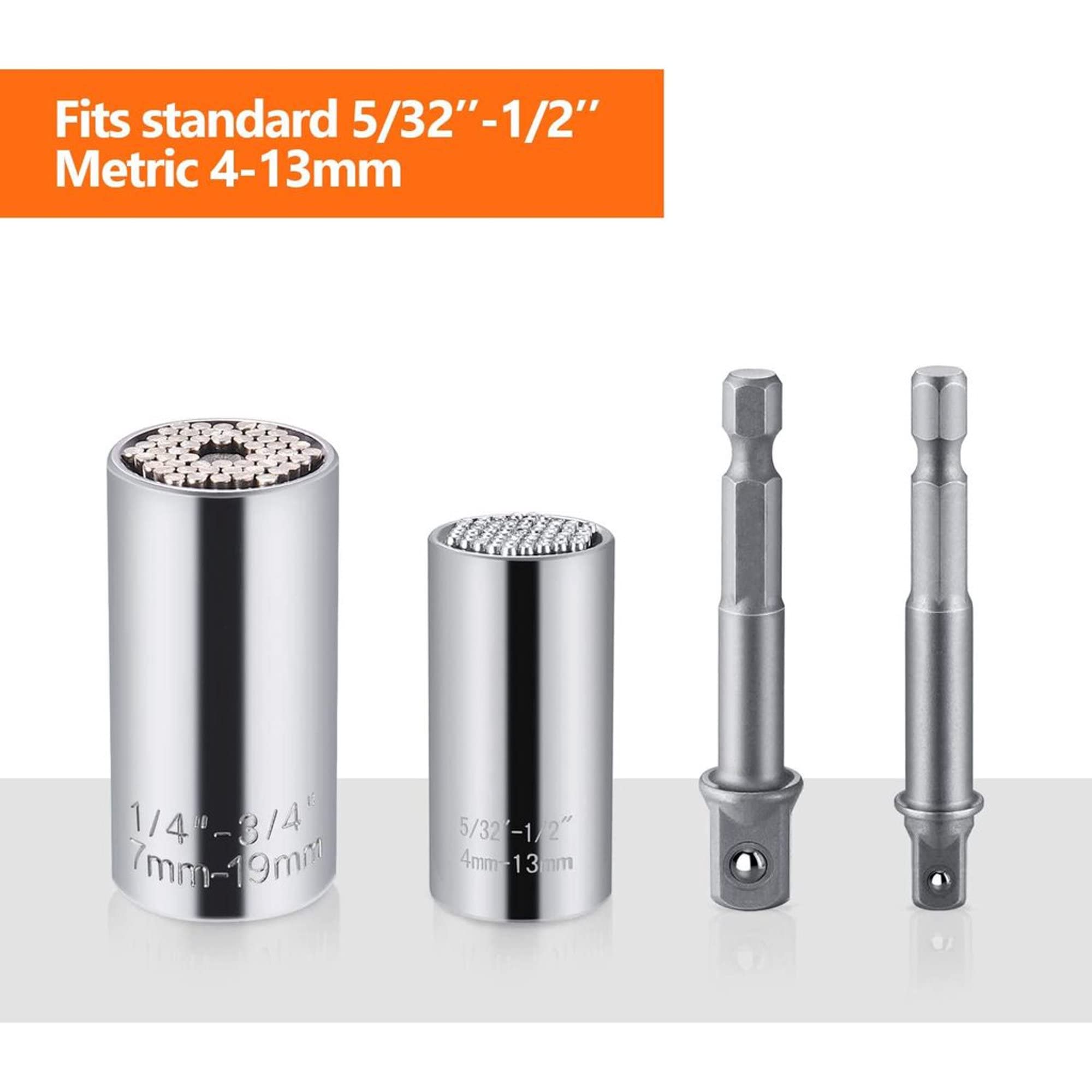 WULAOS Universal Socket Tool Sets, 5/32-1/2 inch (4mm-13mm) and 1/4-3/4 inch (7mm-19mm), Multifunctional Socket and Power Drill Adapter, 4 Pieces Professional Repair Tools Gift for Men - ASW02A