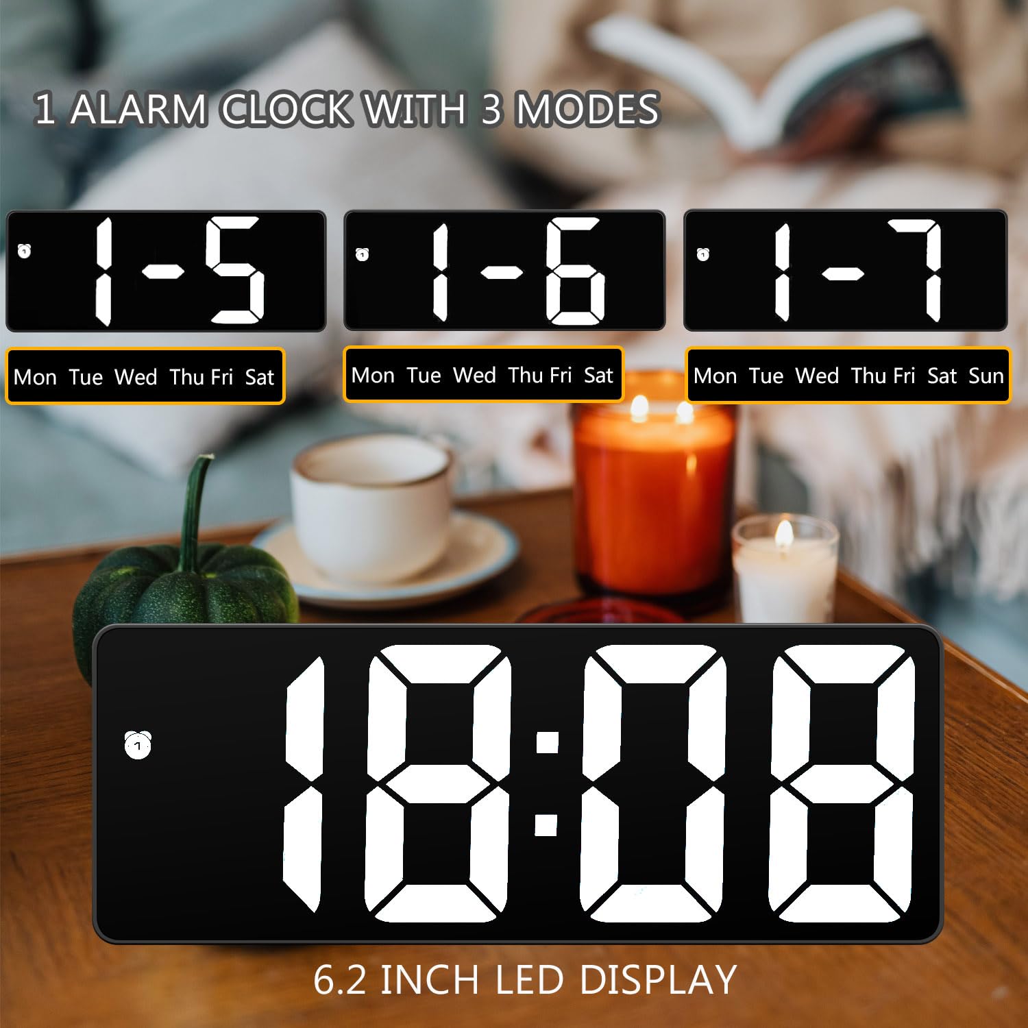 Yaboodn Digital Alarm Clock for Bedrooms, 6.5 inch LED Display with White Digits, 3 Levels Brightness Adjustable, Desk Alarm, Table Clock with 1 Alarm, 12/24H, Temperature, Corded Powered(White)
