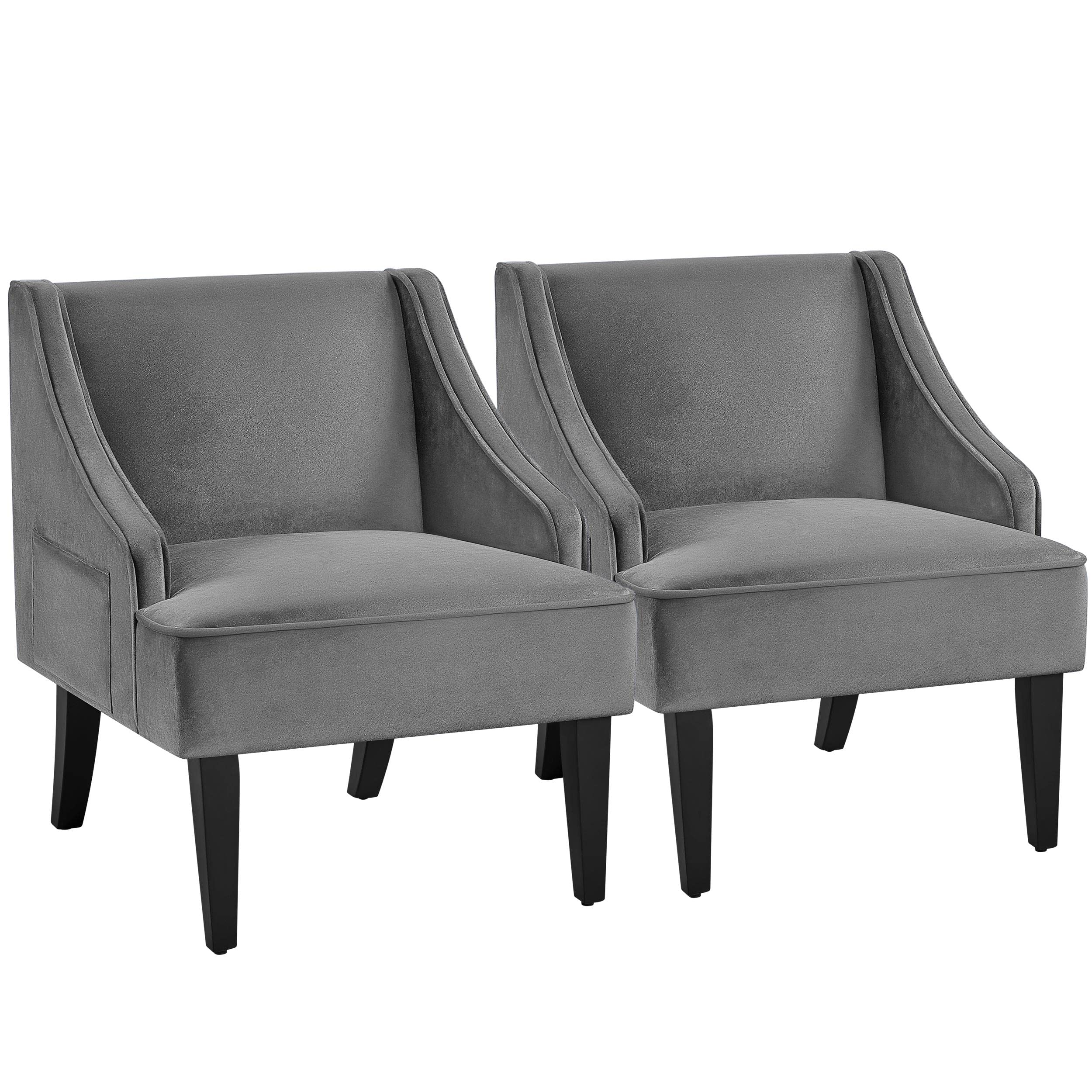 Yaheetech Accent Chairs Set of 2, Gray Barrel Chair with Storage Pocket, Retro Armchair with Rubberwood Legs for Bedroom Home Office, Gray