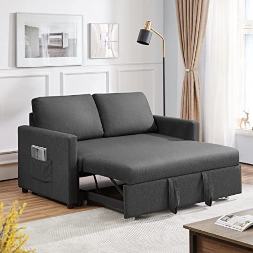 Yaheetech Convertible Sofa Bed Trundle Loveseat w/Pull-Out Trundle Bed Sleeper Sofa Convertible Couch for Limited Spaces Living Room Bedroom Guest Room Dark Gray 55.5 in