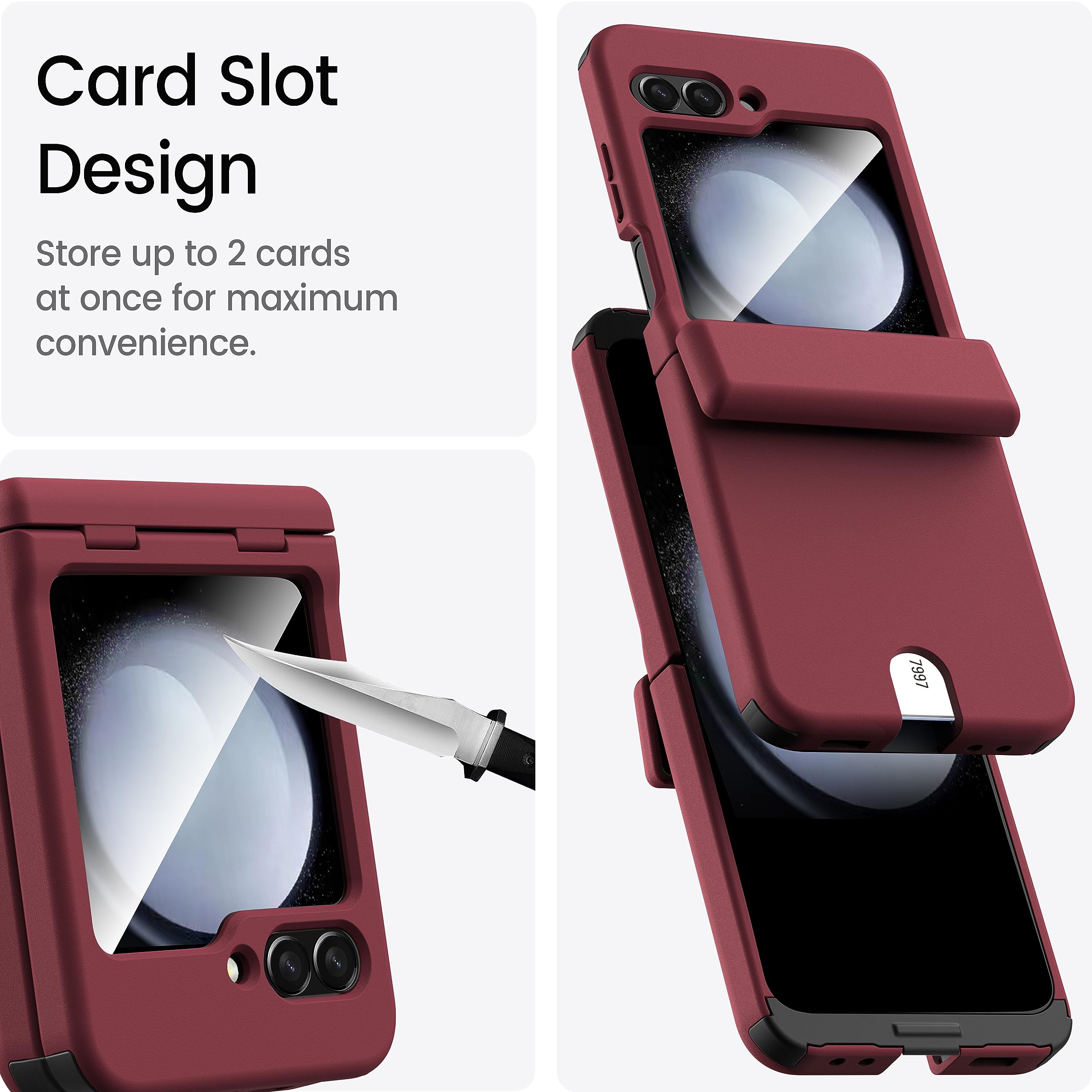 X-FOUR Compatible with Galaxy Z Flip 5 Case with Hinge Protection Card Holder & Screen Protector - Hard PC TPU Anti-Slip Shockproof Protective Case for Samsung Galaxy Z Flip 5 (Burgundy)