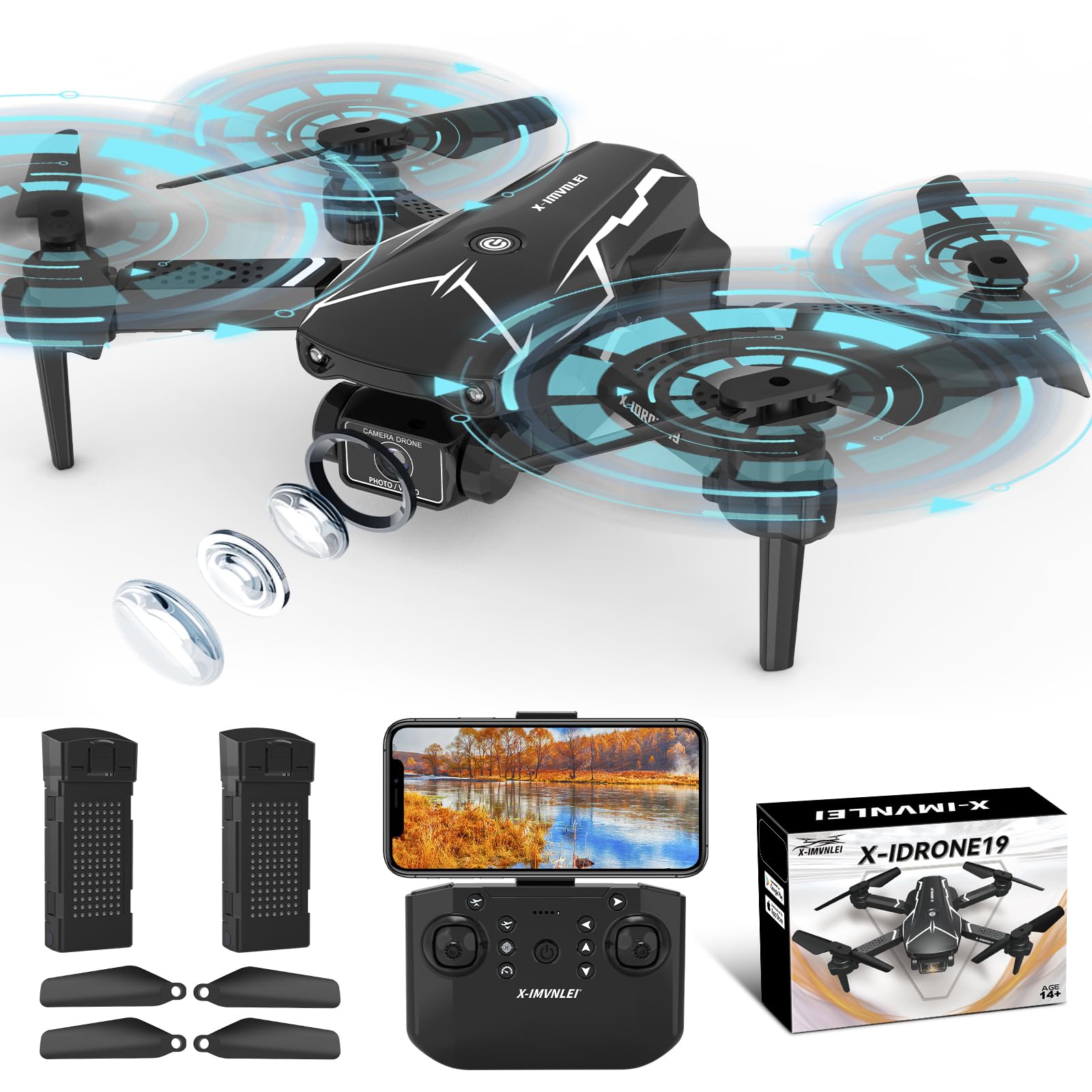 X-IMVNLEI19 Drones with Camera for Adults 720P, Foldable FPV Drones for Beginners with Live Video, Altitude Hold with Optical Flow Positioning, 3D Flips, 2 Cameras, One Key Start, 2 Batteries