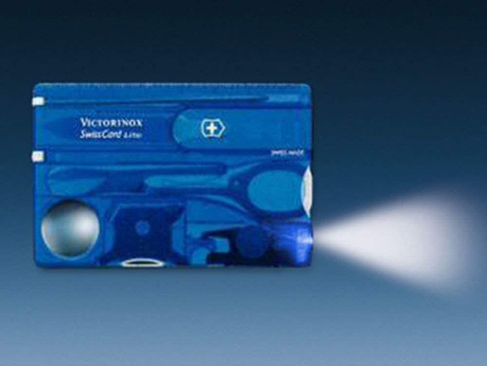 Victorinox Swiss Card Lite Swiss Army Knife, 13 Function Swiss Made Pocket Knife with Magnifying Glass LED and Tweezers - Sapphire