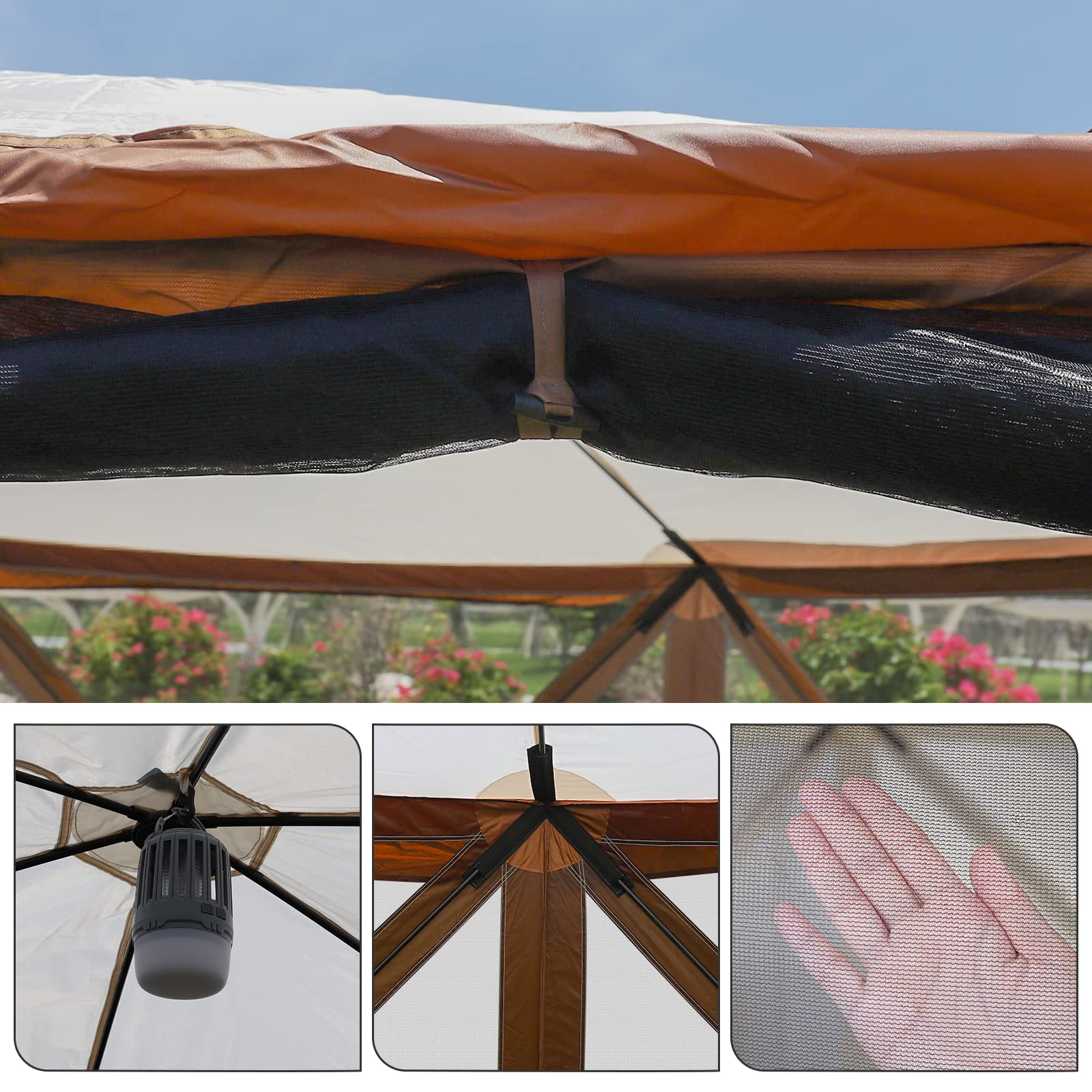 XGEAR 6 Sided Pop Up Camping Gazebo 11.5βx11.5β Instant Canopy Tent Sun Shelter Screen House with Mosquito Netting, for Patio, Backyard, Outdoor,Brown