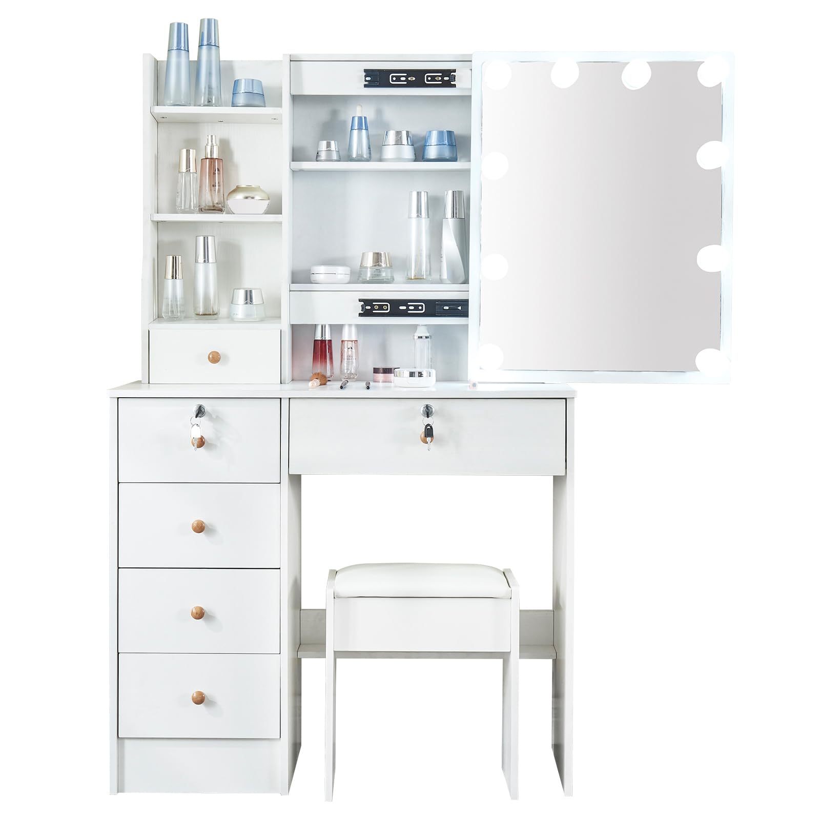Xinhonglei White Vanity Desk with Mirror and Lights, Makeup Vanity with Lights, Modern Vanity Table with Lighted Mirror, Dressing Table with Drawers and Stool, Vanity Set Dresser for Bedroom
