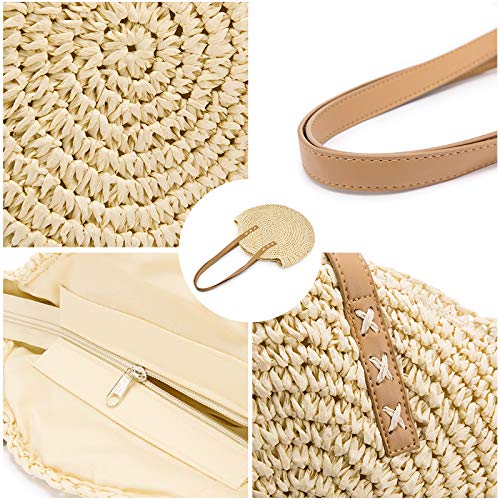 Women's Straw Handbags Large Summer Beach Tote Woven Round Pompom Handle Shoulder Bag(Khaki)