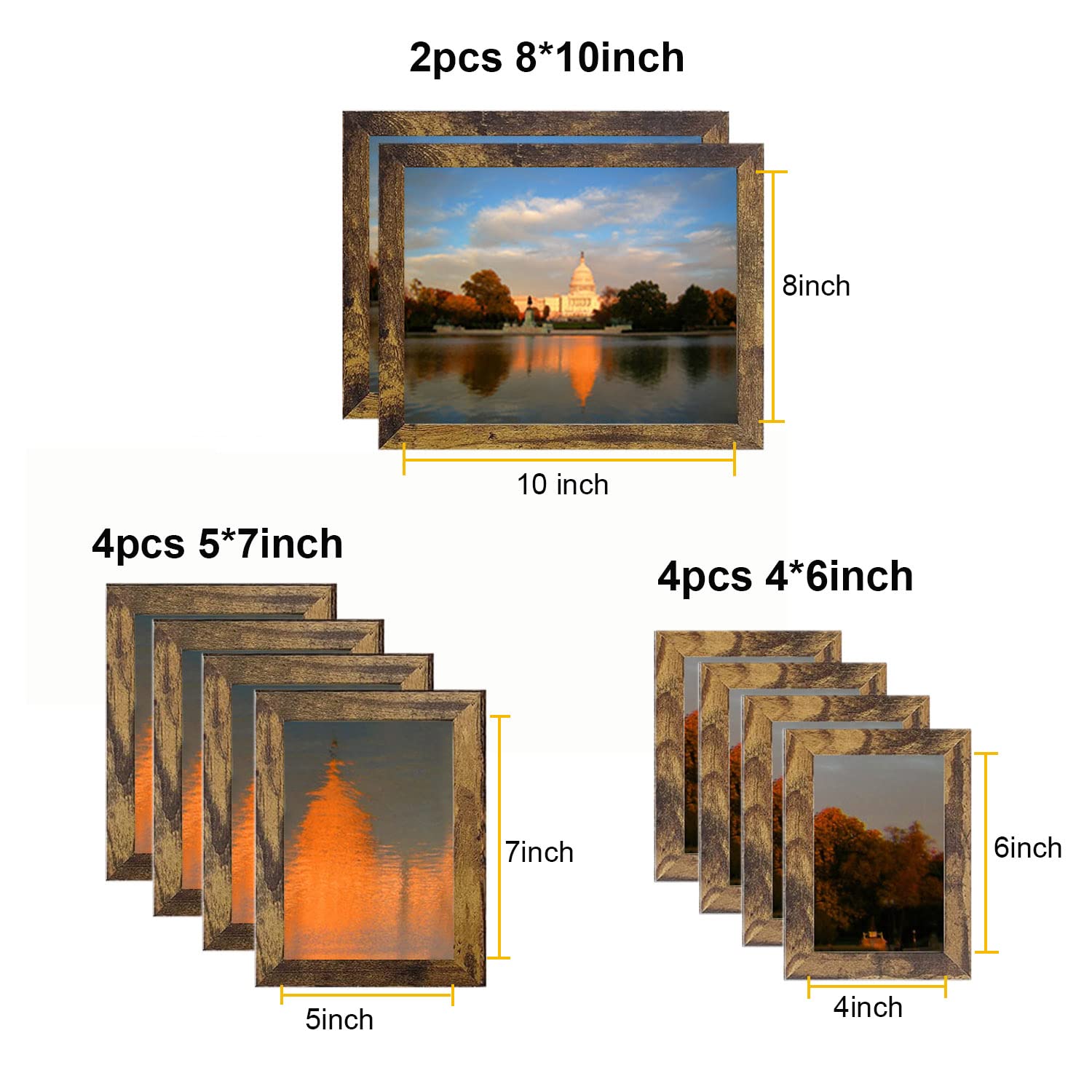xnlkros Picture Frame Set 10 pack, Farmhouse Photo Frames, Gallery Wall Frame Collage, 8x10 5x7 4x6 Frames in 3 Different Finishes Picture Frames For Wall or Desk,Rustic Brown