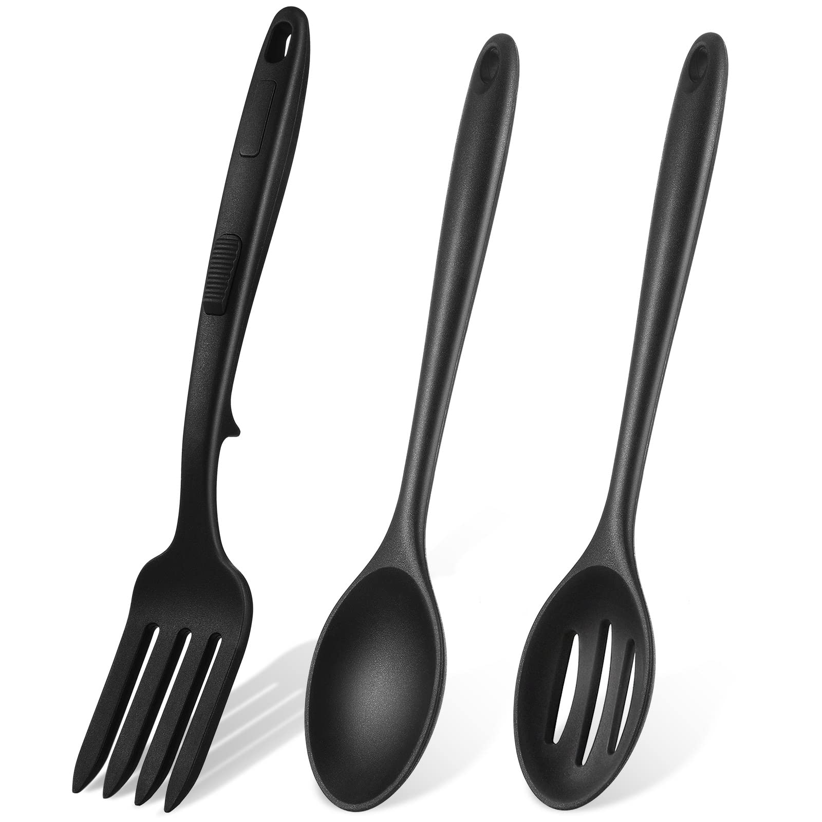 Yetene 3 Pcs Silicone Flexible Cooking Fork and Spoon Set with Long Handle for Cooking Heat Resistant Kitchen Non Stick Mixing Serving Spoons Mixes Ingredients Mashes Food Whisk, Black