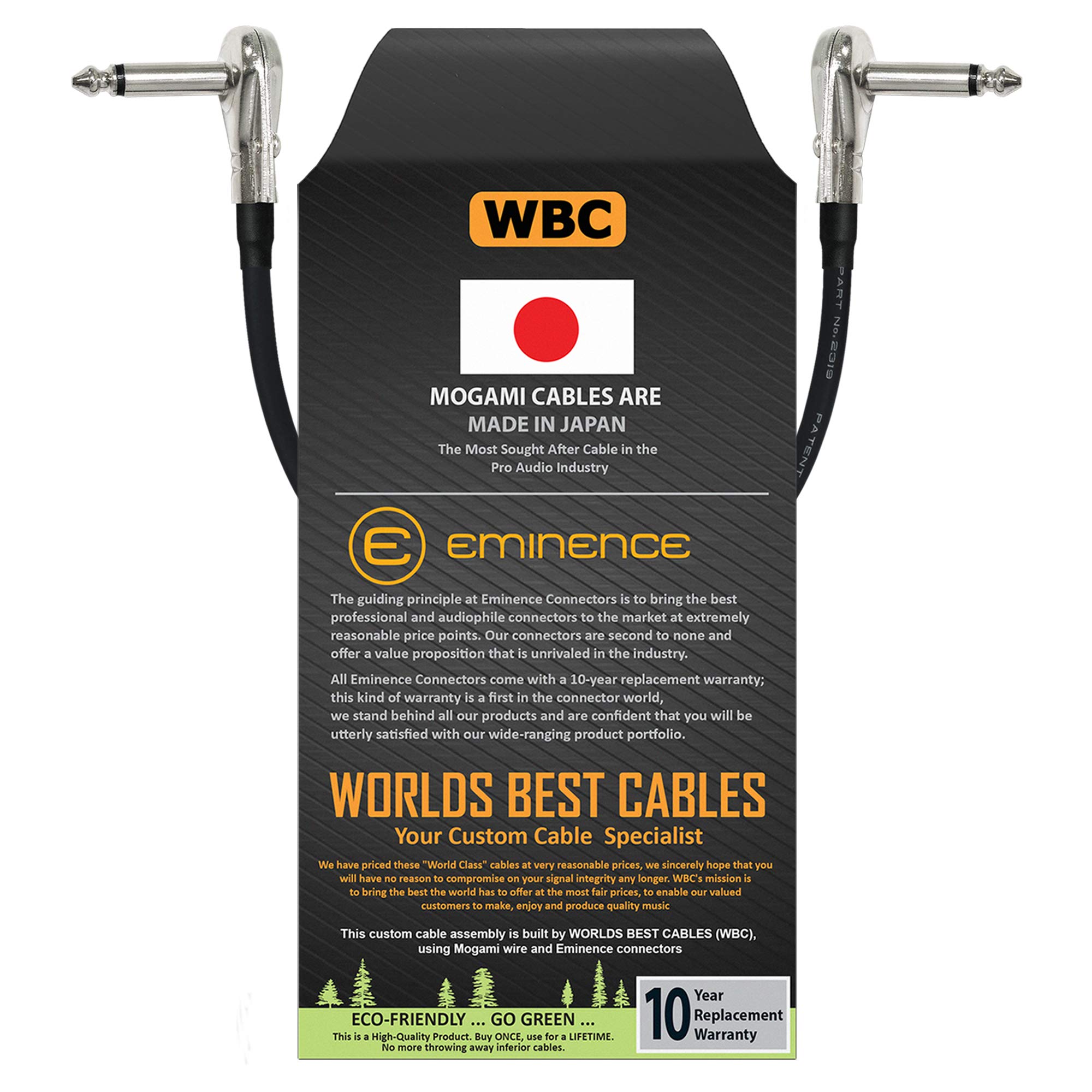 WORLDS BEST CABLES 10 Inch - Pedal, Effects, Patch, instrument cable CUSTOM MADE made using Mogami 2319 wire and Eminence Nickel Plated ¼ inch (6.35mm) R/A Pancake type Connectors