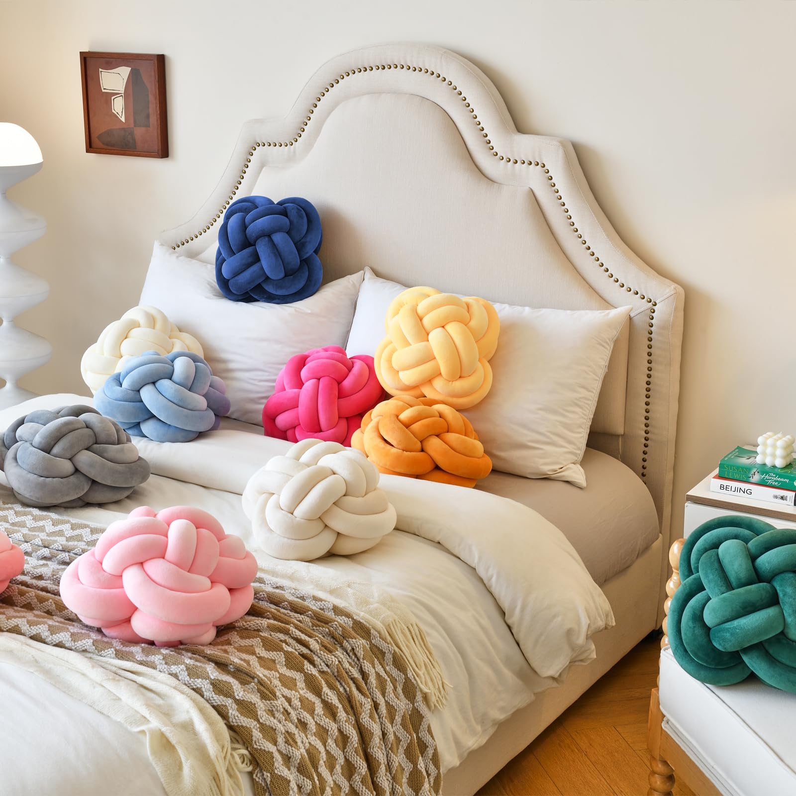 Xuyier Knot Pillow Ball, Decorative Throw Pillows with Velvet Fabric for Couch Bed, 12" Decor Knotted Square Floor Pillow Cushions for Living Room (12 Inches, Ivory White)