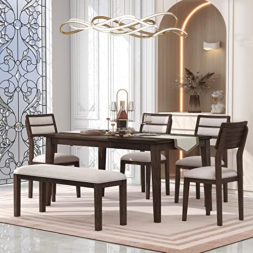Voohek, Espresso 6-Piece Rectangular Trapezoid Dining Table with Wood Grain Tabletop, 4 Fabric Chairs and 1 Bench, Solid Woodframe Kitchen Furniture w/Plastic Foot Pads, for 4 People