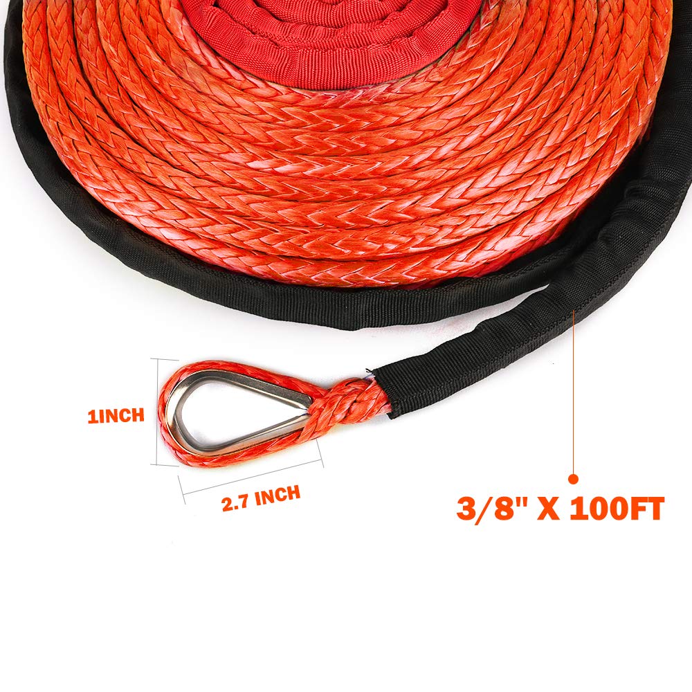 X-BULL SK75 3/8" x 100ft Dyneema Synthetic Winch Rope with Hook Car Tow Recovery Cable(23,809 Lbs,Orange)