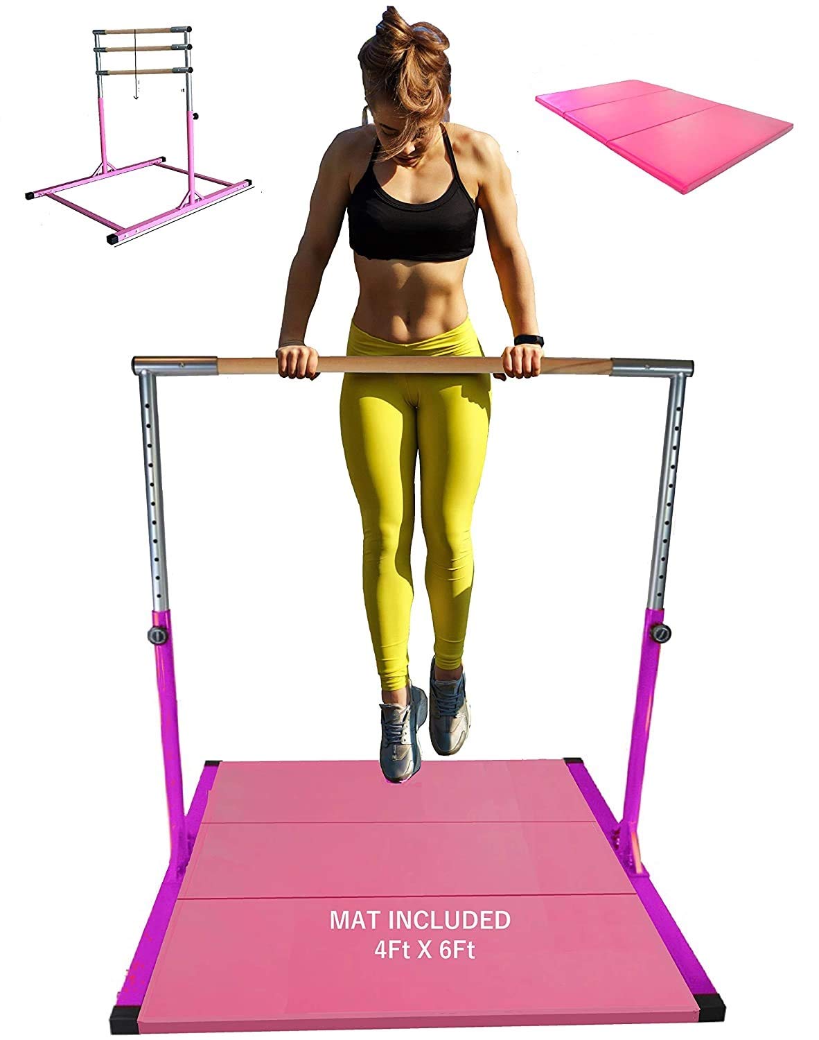 X-Factor 5 Ft Horizontal Bar Athletic Teens Adjustable Gymnastics Children Junior Training Kip Bars Purple with 4' x 6' Gymnastic Mat Set