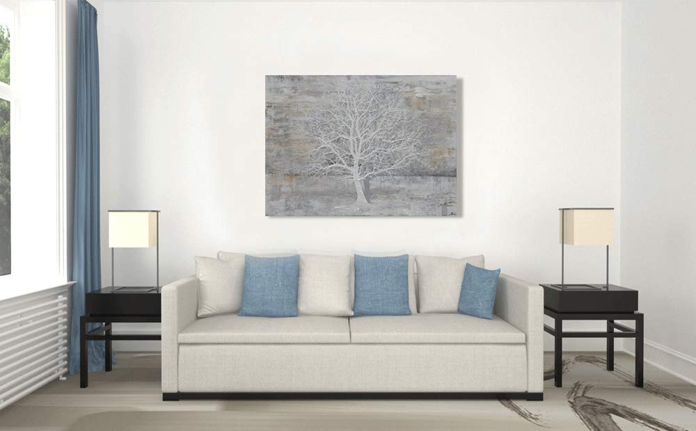 Yihui Arts Tree Of Life Canvas Wall Art Hand Painted Grey White Beige Paintings Modern Abstract Forest Pictures Artwork for Living Room Bedroom Office Decoration