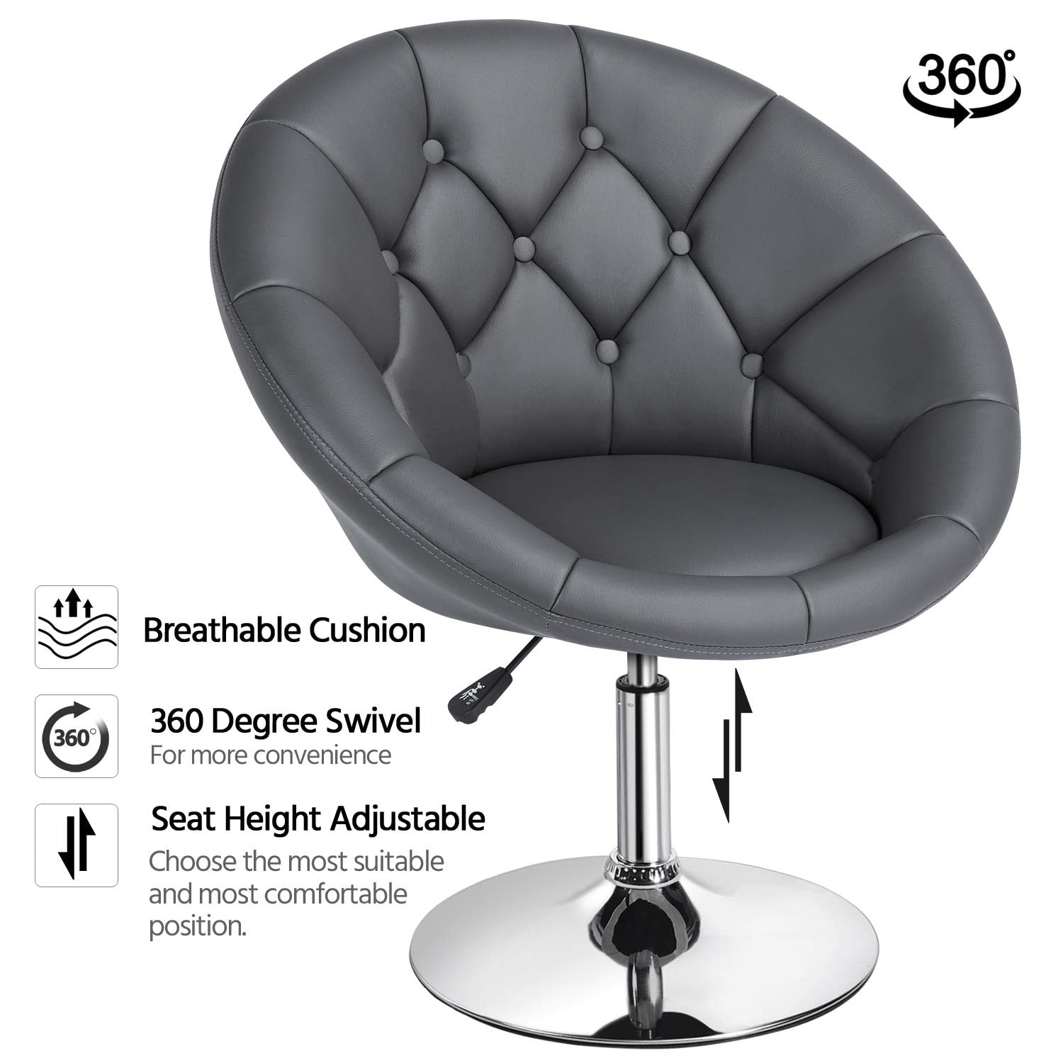 Yaheetech Swivel Accent Chair Height Adjustable Modern Round Back Tilt Chair with Chrome Frame for Lounge, Pub, Bar - Dark Grey