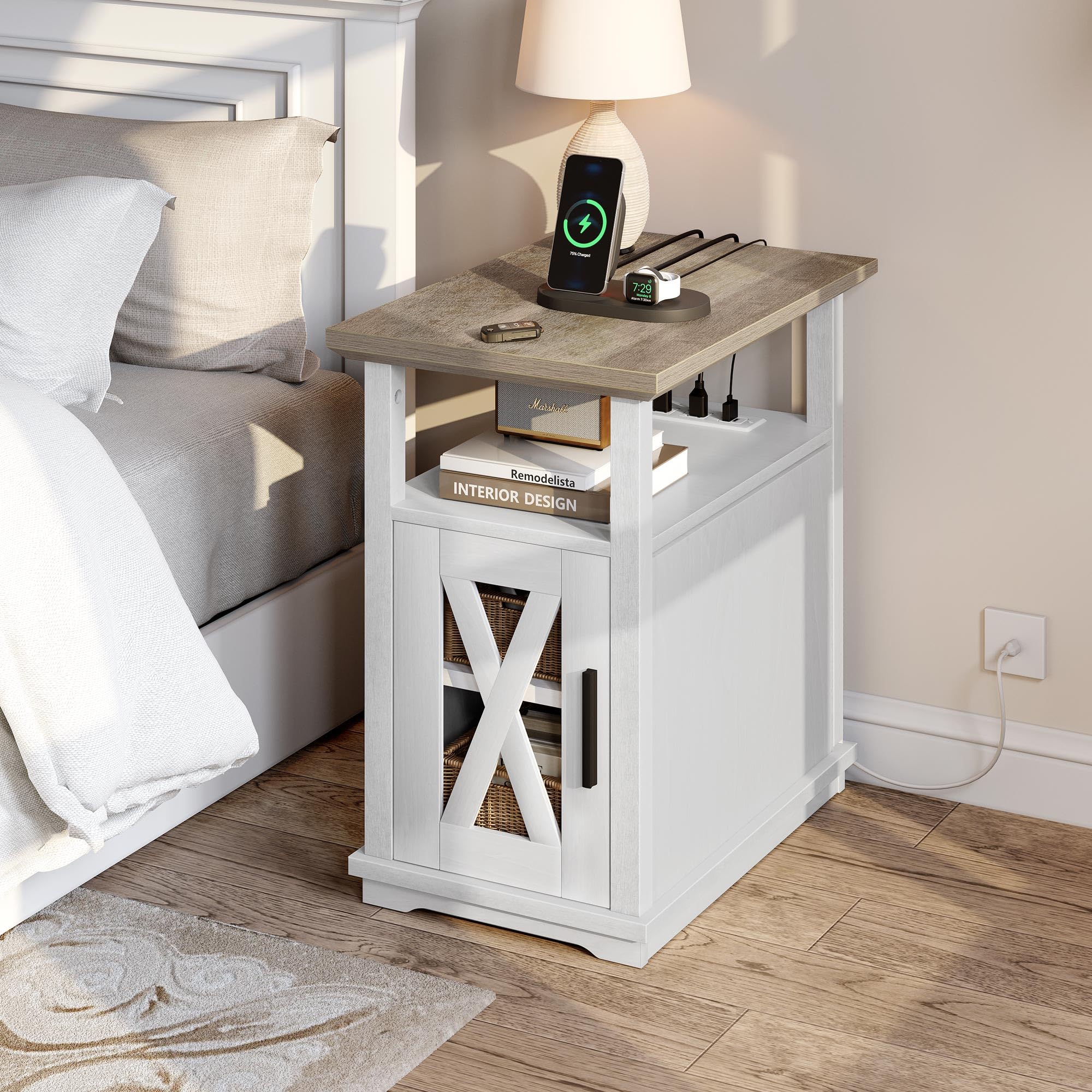 YITAHOME End Table with Charging Station, Narrow Side Table with Storage Adjustable Shelf, Farmhouse Nightstand with Door, End Tables Living Room Set of 2, Grey Wash