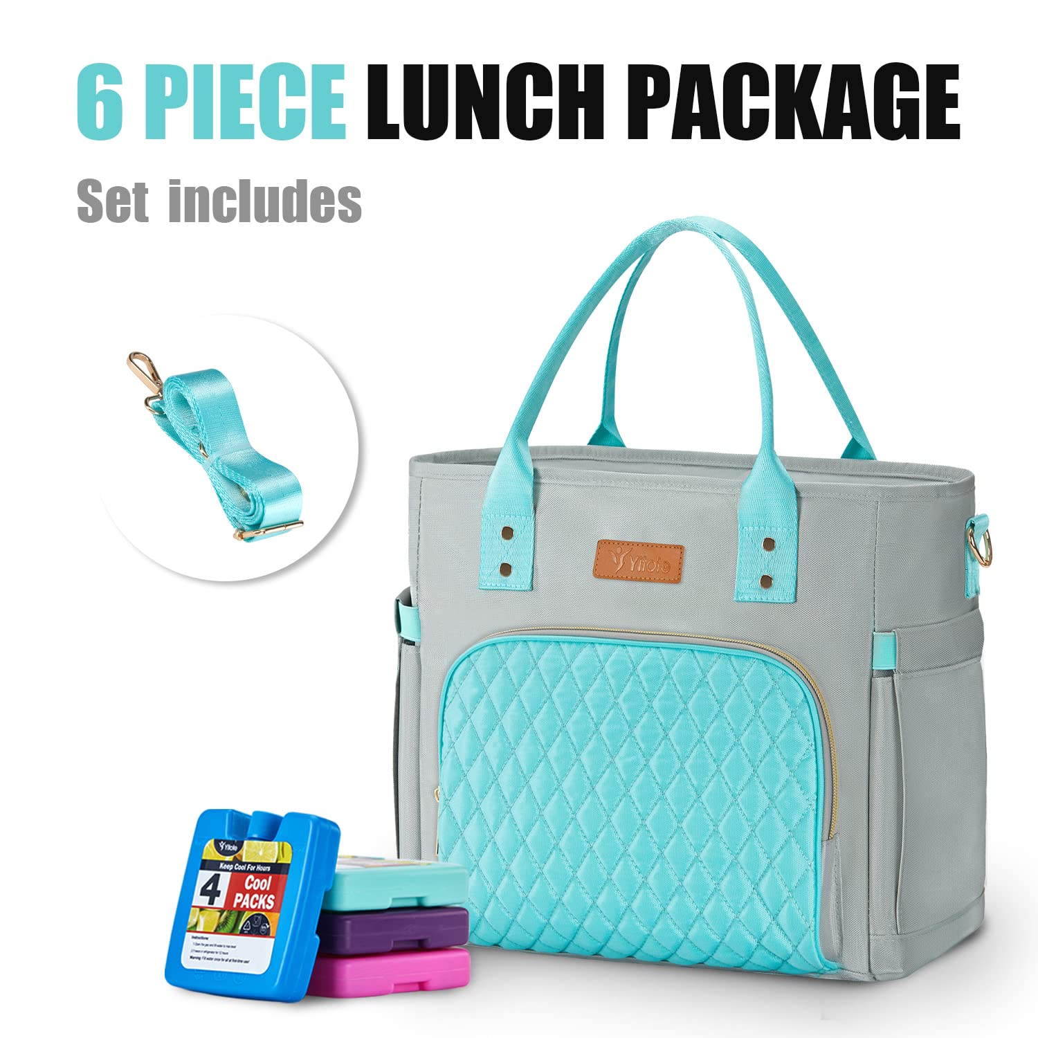 Yitote Cute Lunch Bag with Bottle Holder For Women Insulated with 4 Icepacks, ,Lunch Box with Adjustable Shoulder Strap For Work (Green Gray)