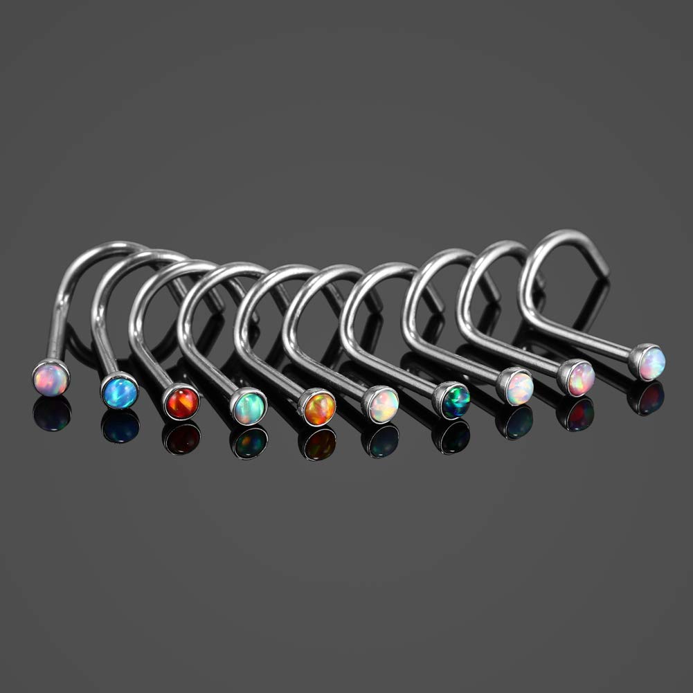 Xpircn 10PCS Nose Rings 20G Stainless Steel Opal Nose Studs Nose Screw Rings Ear Tragus Cartilage Nose Piercing Jewelry 2mm