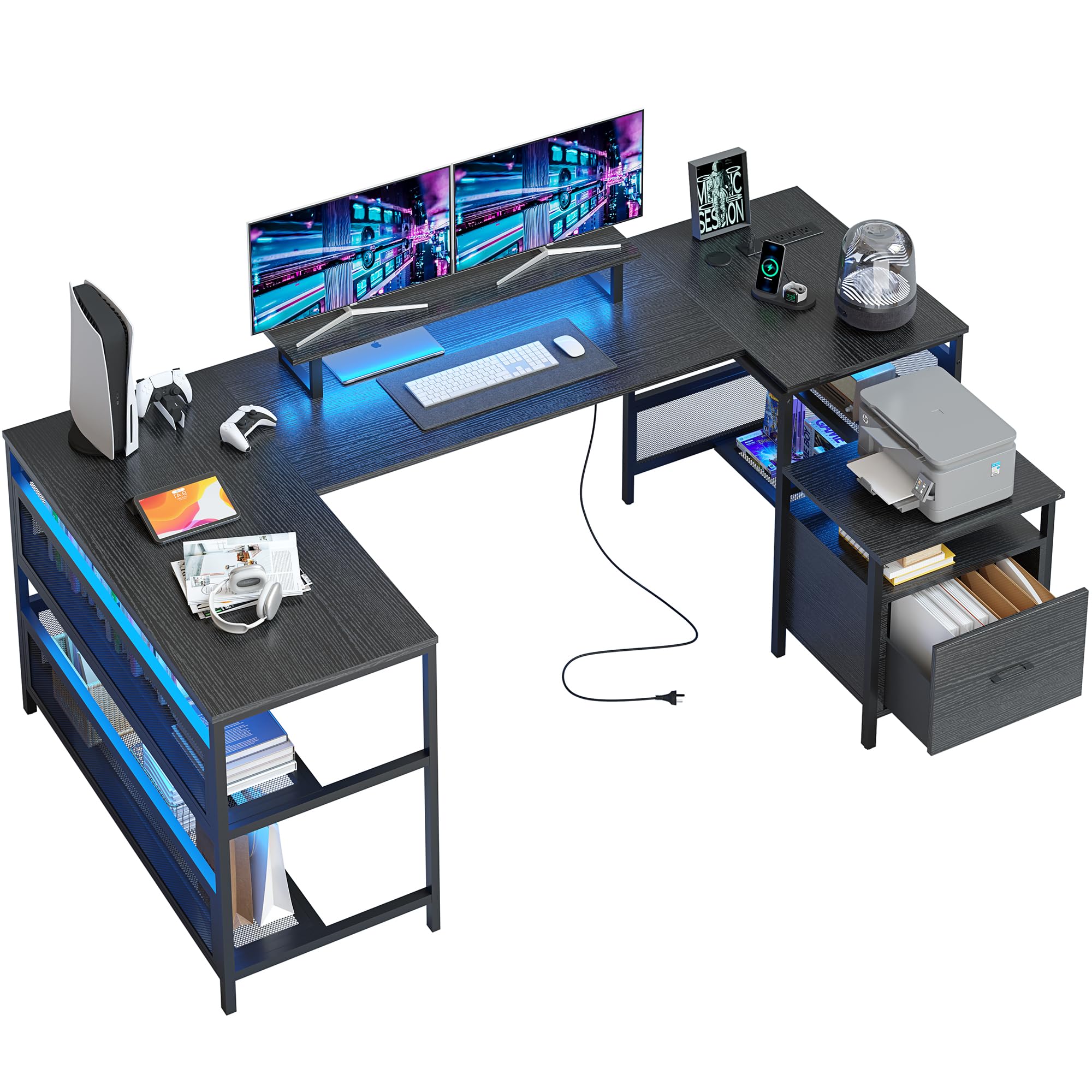 WASAGUN U Shaped Desk with File Drawer, 82.6" U Shaped Desk,Computer Desk with Power Outlet,Home Office Desk with Monitor Shelf,Printer Storage Shelves,Gaming Desk,Black