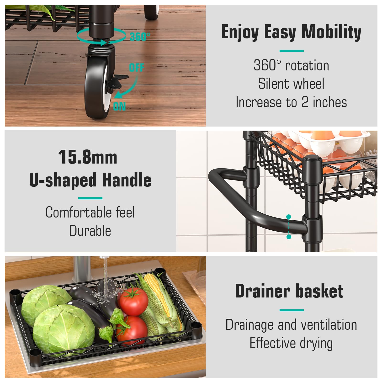 YASONIC 4-Tier Rolling Cart, Rolling Cart with Wheels, Rolling Cart Organizer with Handle, Metal Rolling Cart, Multifunctional Rolling Storage Cart, Kitchen Storage Cart, Black
