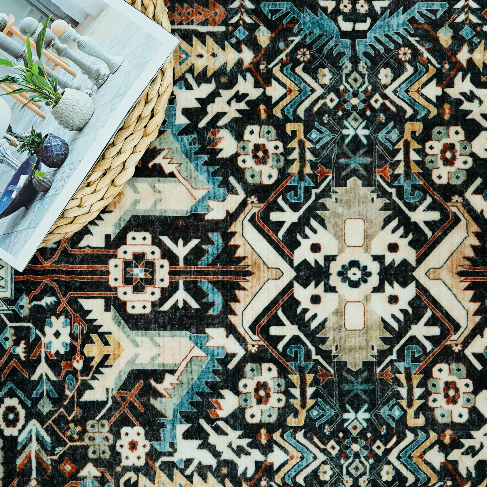 Washable Living Room Area Rug - 8x10 Large Bedroom Rug Distressed Oriental Non-Slip Non-Shedding Print Floor Carpet for Dining Room Kitchen (Black, 8 x 10)