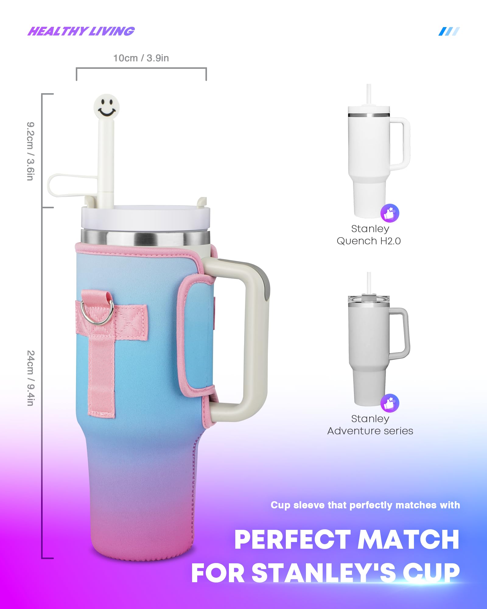 Water Bottle Holder for Stanley Cup with Strap,Tumbler Accessories for Stanley 40 oz,Anti Drop and Leakage,Suitable for Sports and Outdoor Use（Hydrangea）(Cup Not Included)