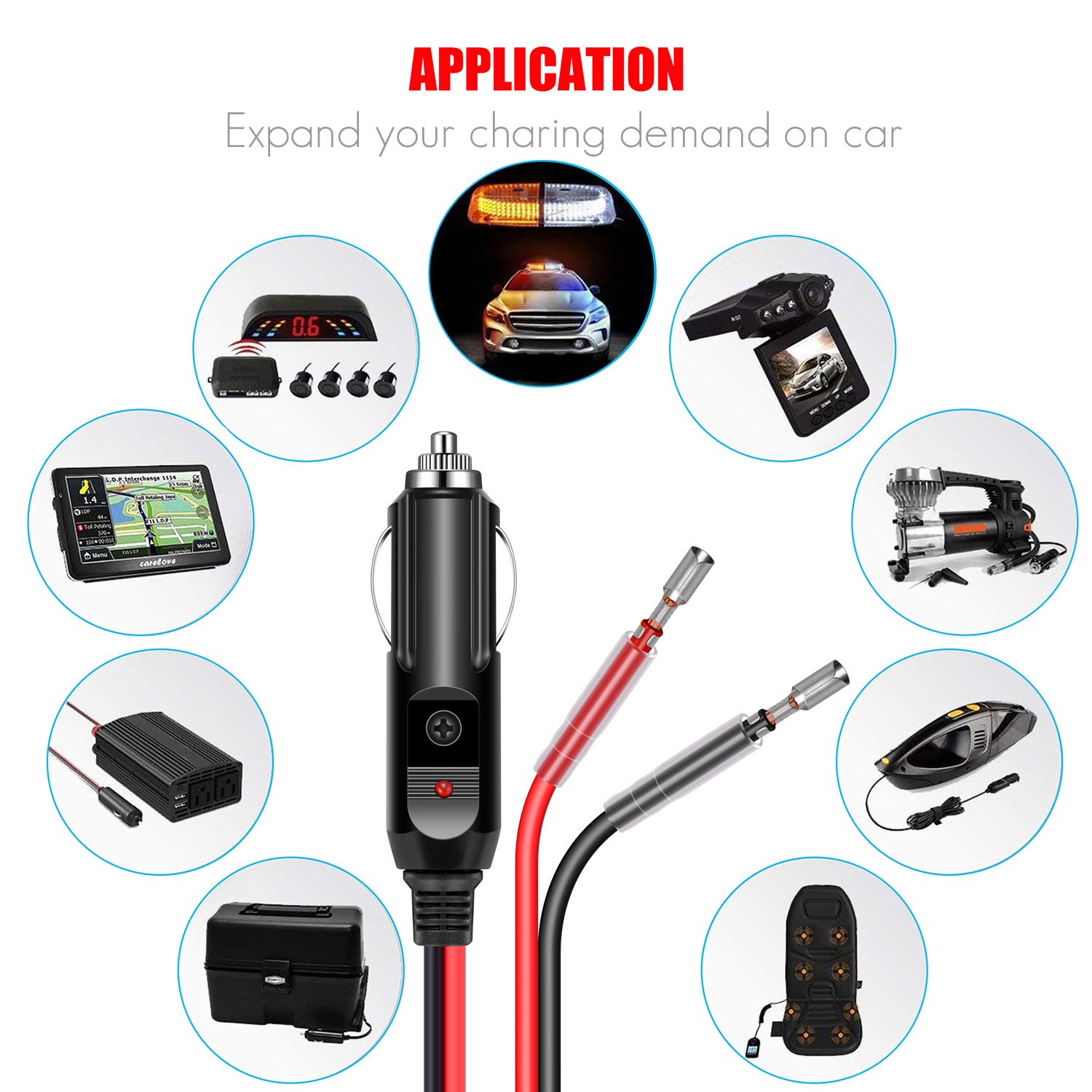 YONHAN Cigarette Lighter Male Plug 12V Fused Replacement 2 Pack, Male Cigarette Lighter Plug Adapter with Leads & LED Light, 12v Plug Connector Socket 1FT 16AWG Extension Cable with 15A Fuse