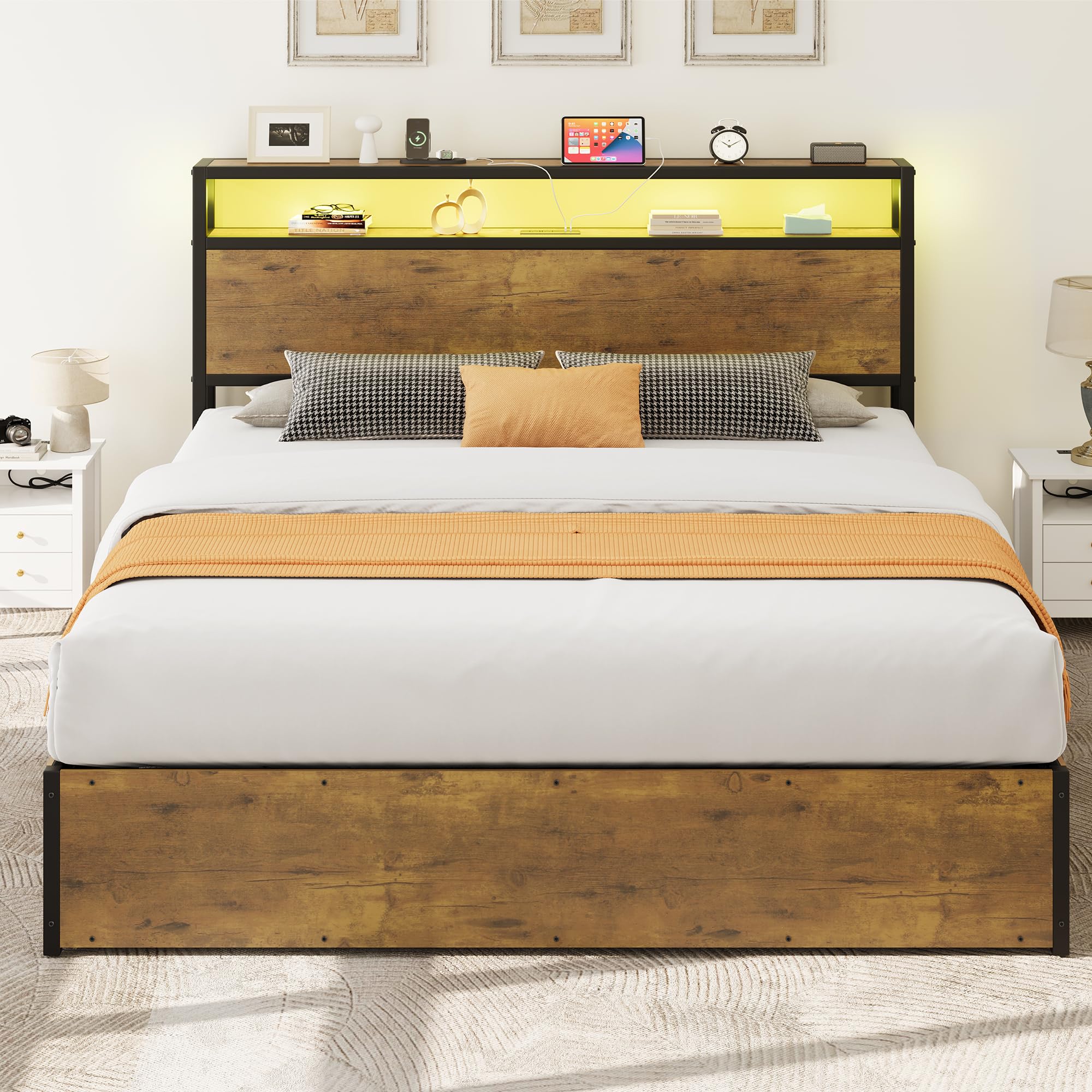 YITAHOME Lift Storage Bed Frame, Queen Size Bed Frame with 2-tier Storage Shelf Headboard, LED Light Platform Bed Frame with Charging Station, No Spring Box Needed, Rustic Brown