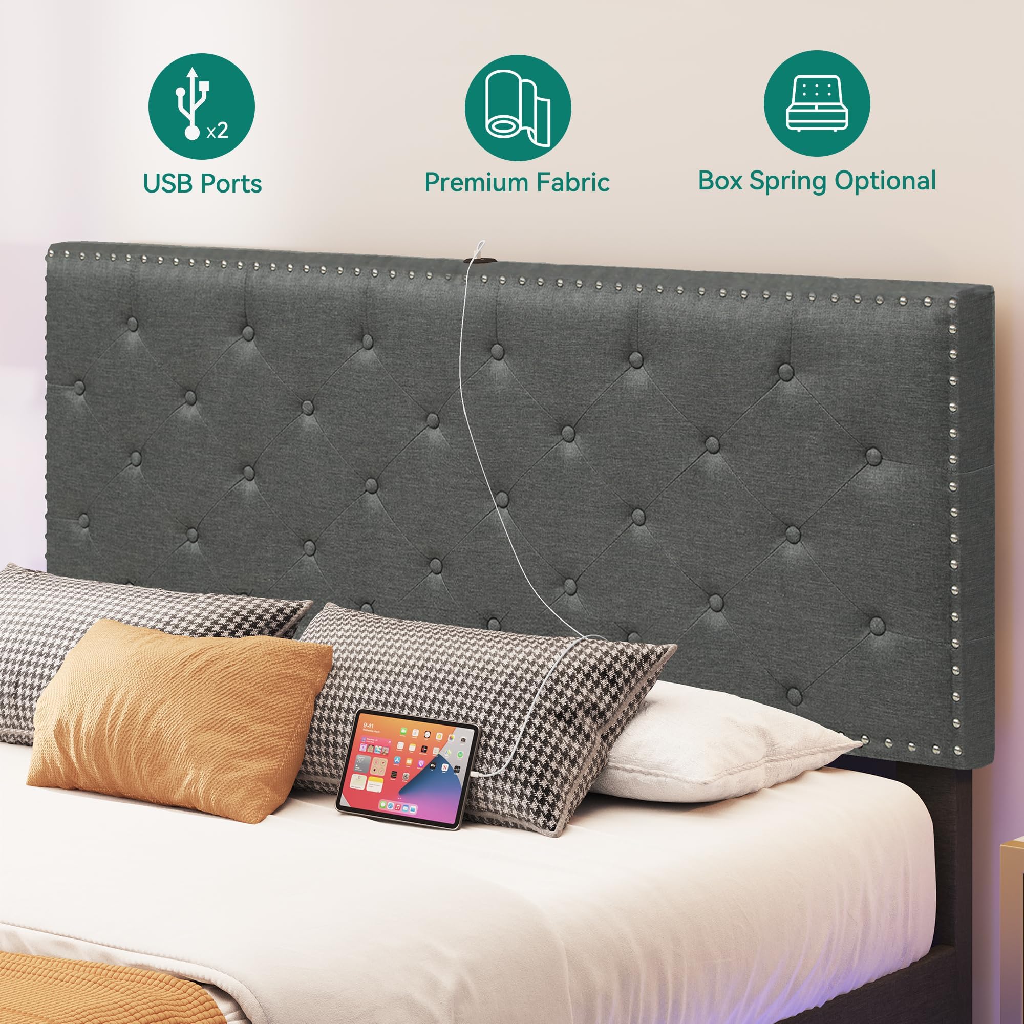 YITAHOME Queen Size Bed Frame, LED Bed Frame with Upholstered Adjustable Diamond Headboard, Platform Bed with USB Ports & Motion Sensor Light, Easy Assembly, No Box Spring Needed, Gray