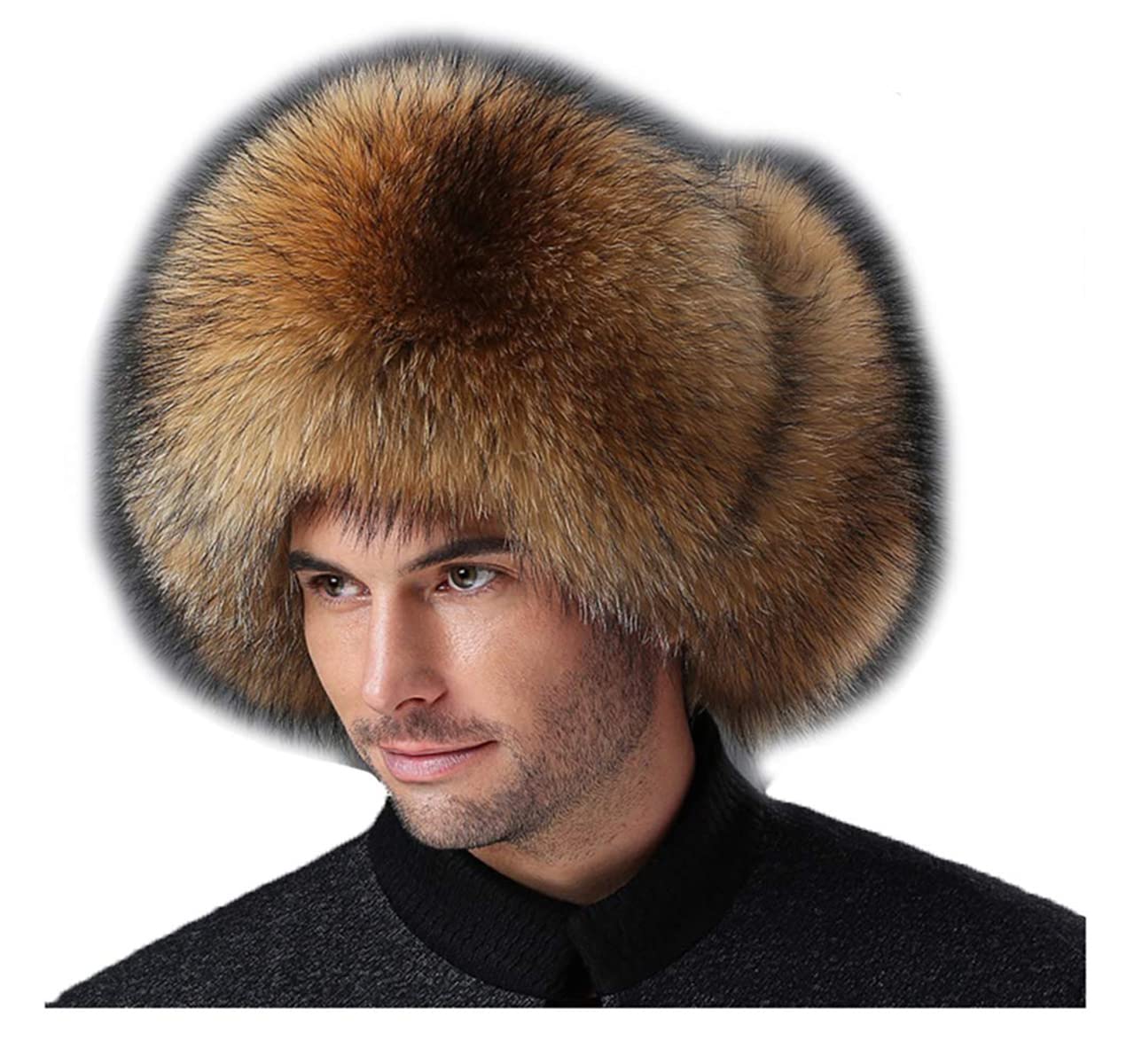 XUYUZUAU Mens Fox Hair Hat Winter Genuine Sheepskin Russian Ushanka Hats Natural Brown
