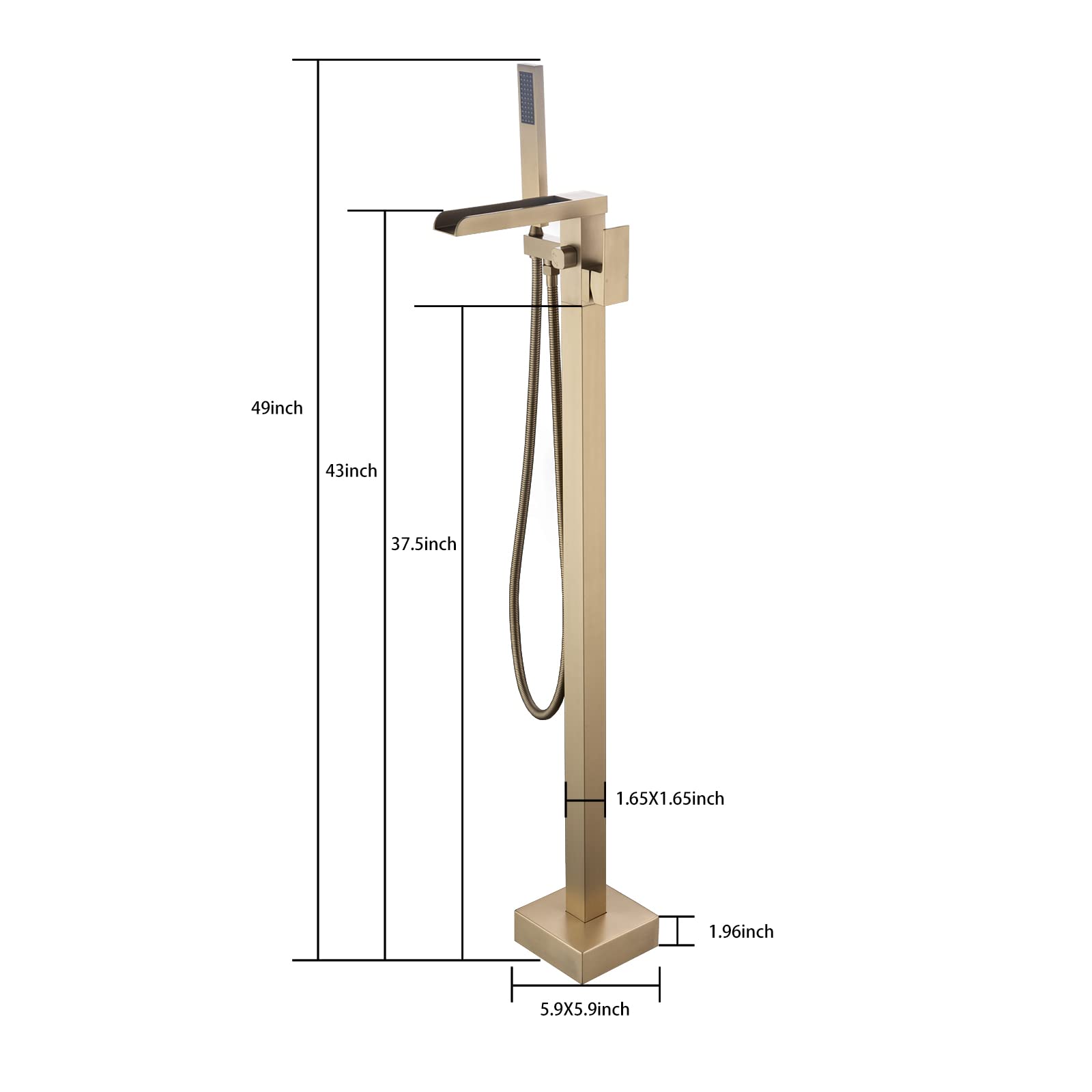 Waterfall Tub Filler Freestanding Bathtub Faucet Brushed gold Floor Mount Brass Single Handle tub Faucets with Hand Shower