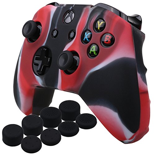 YoRHa Silicone Cover Skin Case for Microsoft Xbox One X & Xbox One S Controller x 1(Camouflage red) with Pro Thumb Grips 8 Pieces