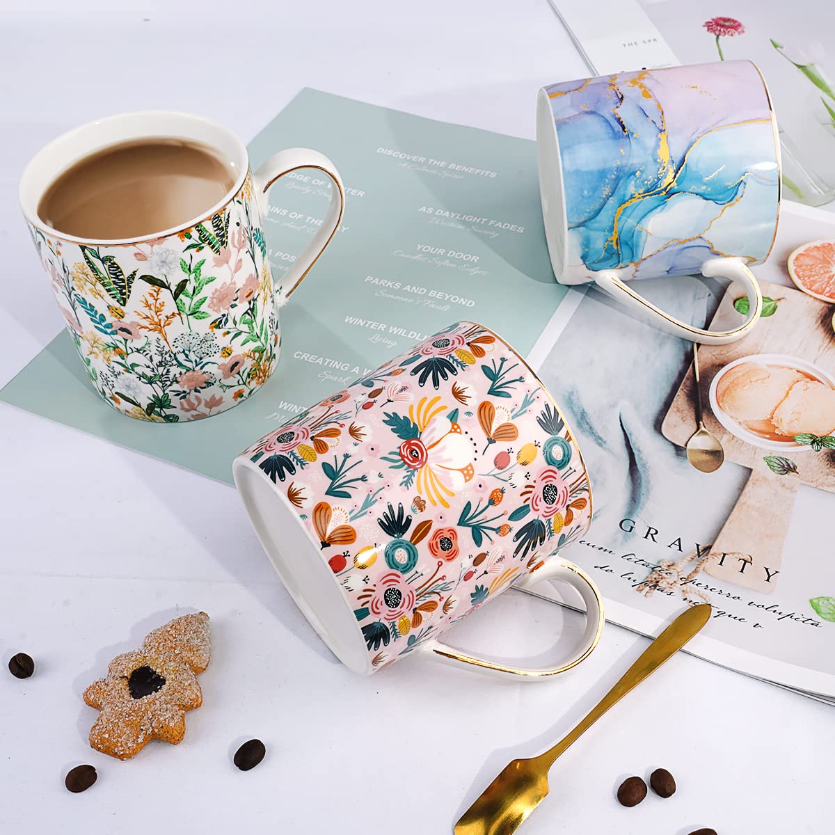 WAVEYU Ceramic Mug for Women Mom, Cute Coffee Water Mug Cup for Mother's Day from Daughter Son for Home Office, Decorative Coffee Tea Cup for Girls Teachers Colleagues, 14 oz, White Flower