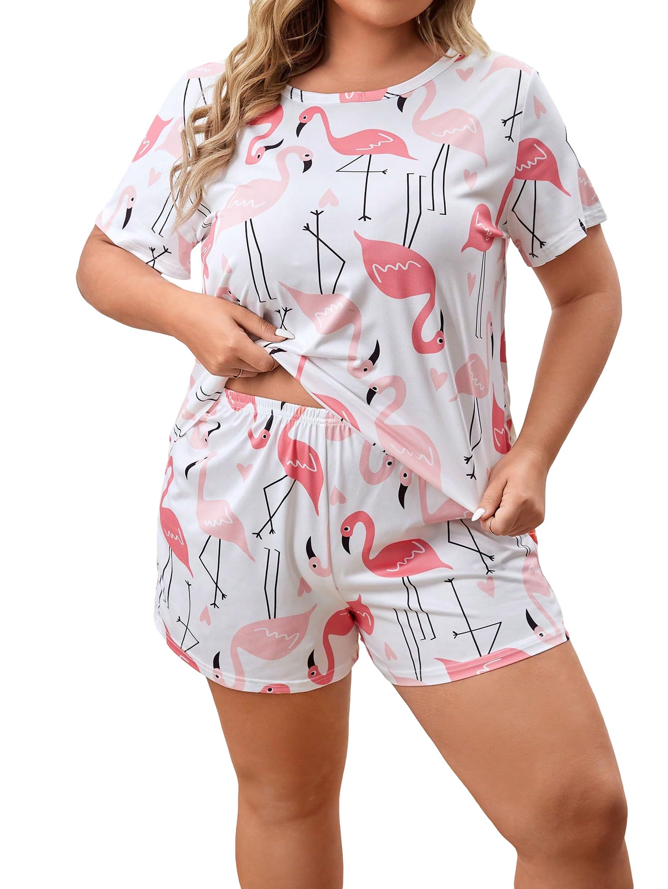 WDIRARA Women's Plus Size 2 Piece Pajama Set Cartoon Print Round Neck Short Sleeve Tee with Shorts White and Pink 4XL