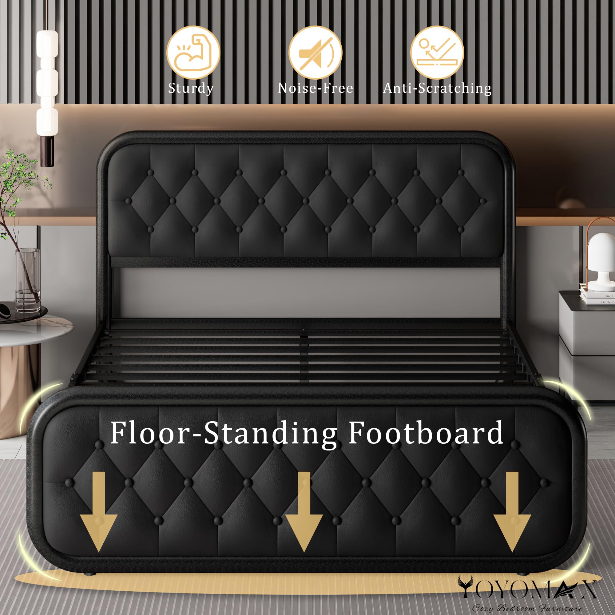 yoyomax Queen Size Bed Frame - Sturdy and Heavy Duty Bed Frame with Stylish Faux Leather Headboard, Noise-Free for Comfort and Support (Black)