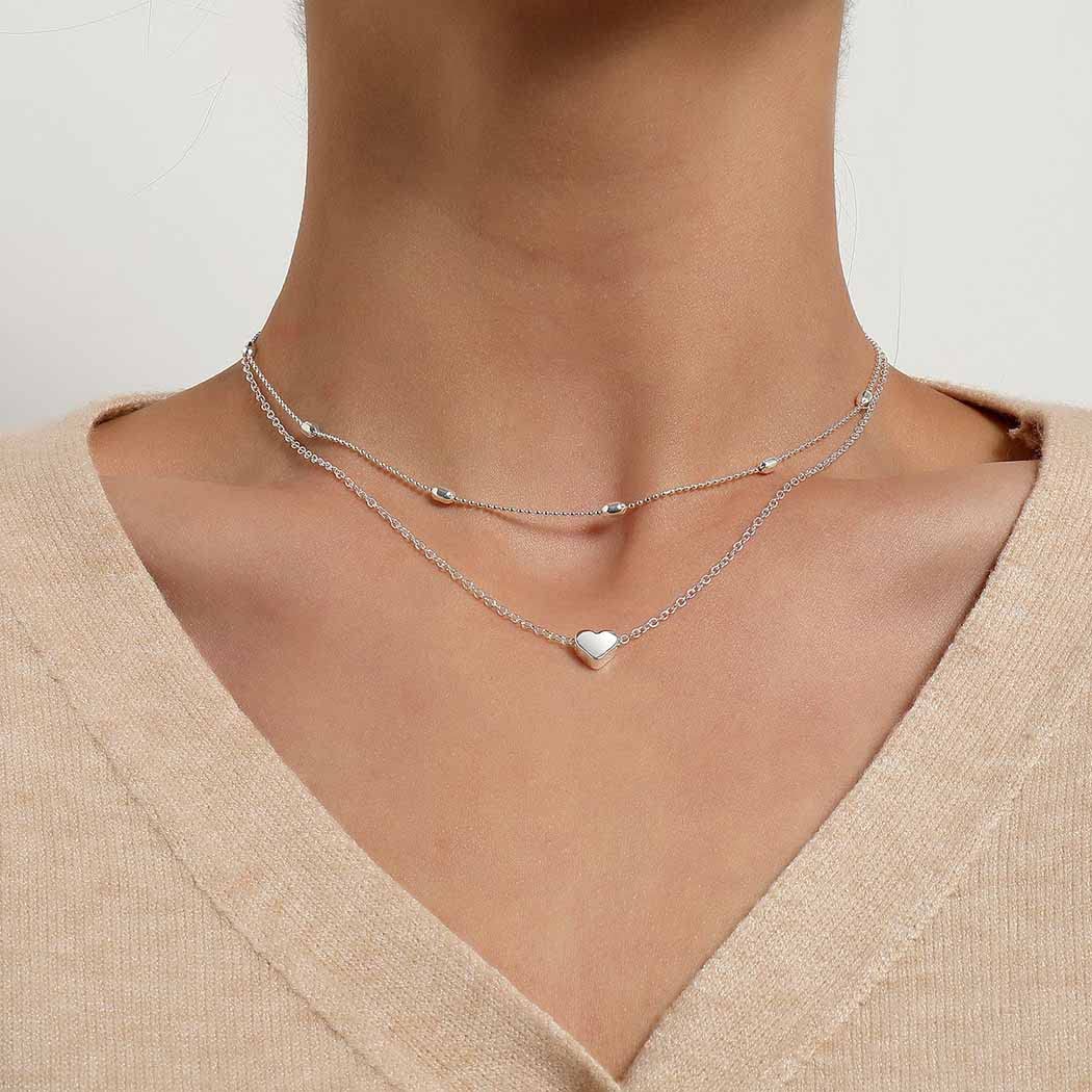 Yalice Double Layered Heart Necklace Chain Ball Satellite Choker Necklaces Jewelry for Women(Silver)