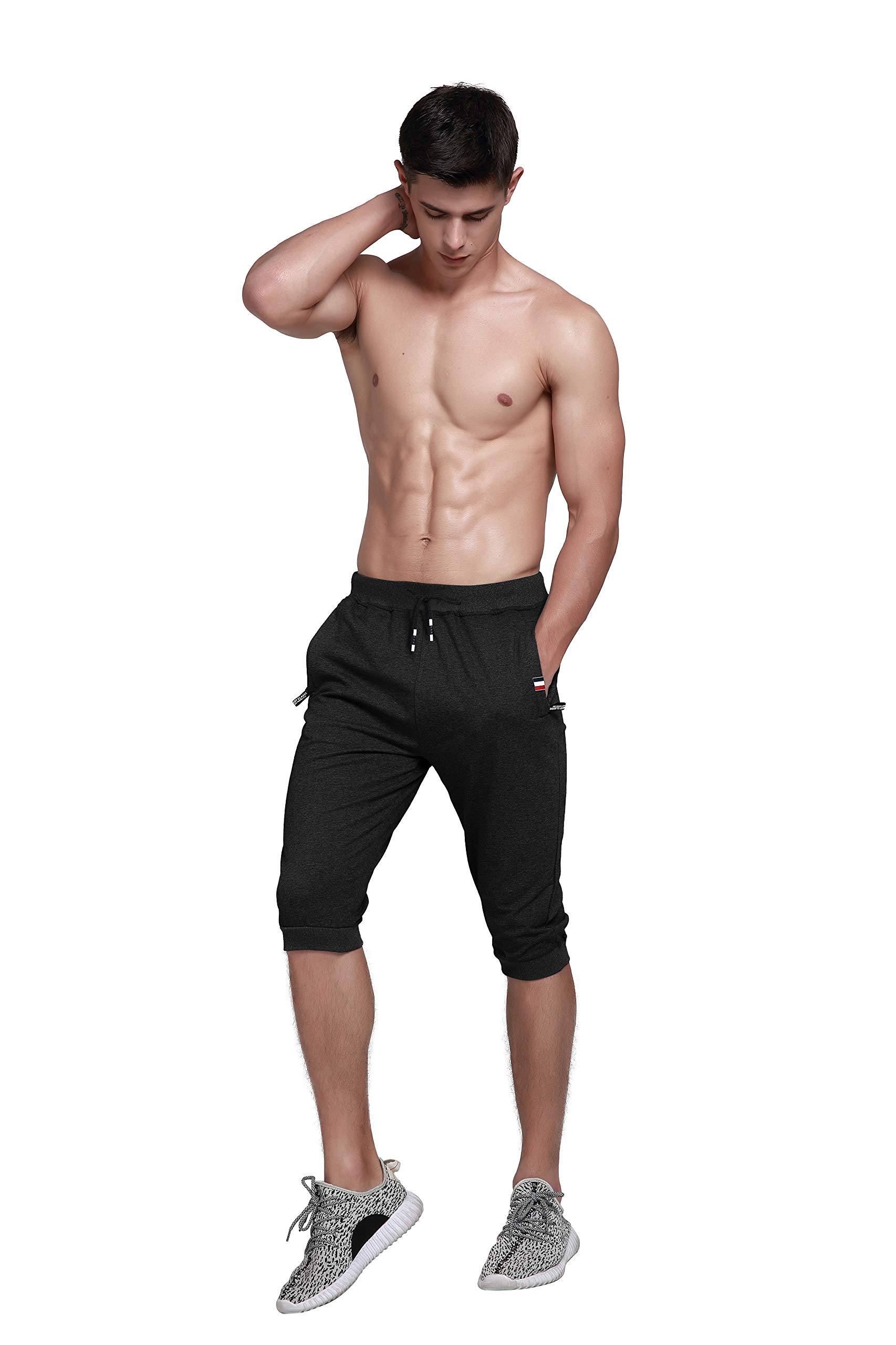 YSENTO Men's Cotton Casual 3/4 Jogger Running Capri Pants Below Knee Gym Workout Shorts Zipper Pockets Black 34