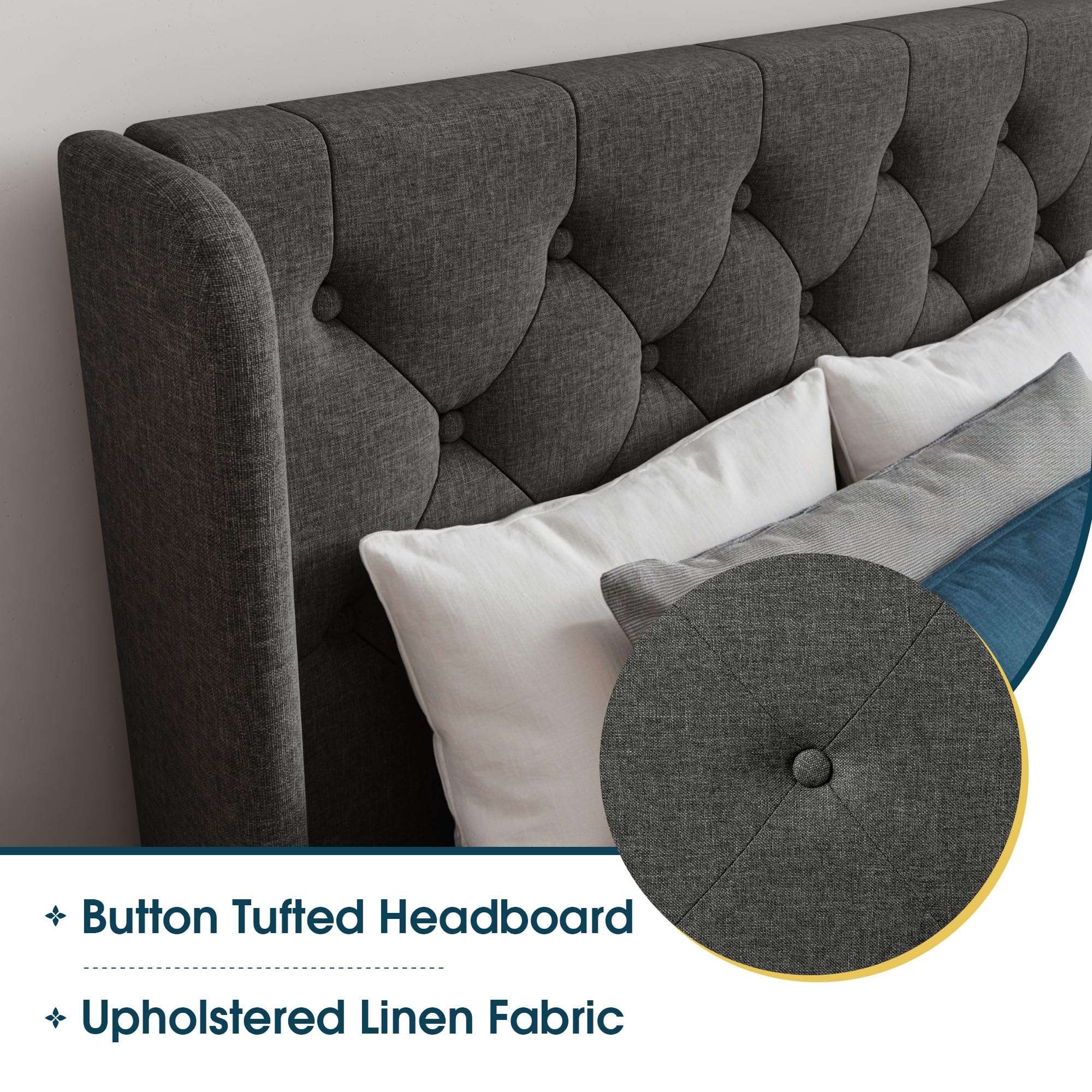 WEEWAY Queen Upholstered Bed Frame with Tufted Wingback Headboard,Modern Platform Bed with Wooden Slats Support - Easy Assembly, Non-Slip and Noise-Free - Dark Gray