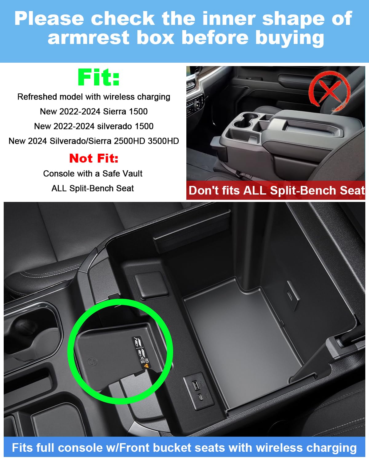 WEIPIN Console Organizer Tray 【Perfectly Tidy】 for 2023-2024 Silverado&Sierra 1500 and 2024 Chevy Chevrolet Silverado&GMC Sierra 2500HD 3500HD Accessories (Full Console w/Bucket Seats ONLY) - Black