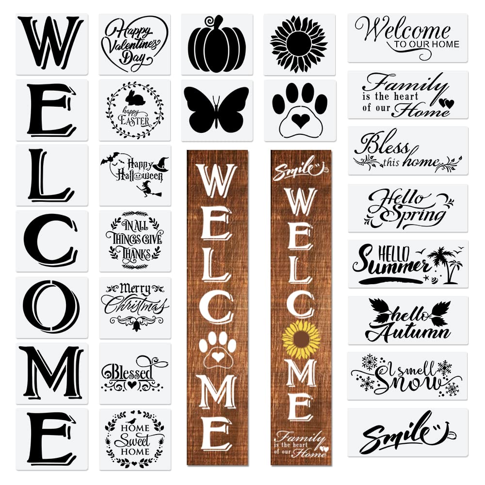WELCOME Letter Stencils for Painting on Wood Canvas and More - Reusable Large Alphabet Calligraphy Font for Home and Front Door, Porch or Outside Decoration Fabric Chalkboard Plastic