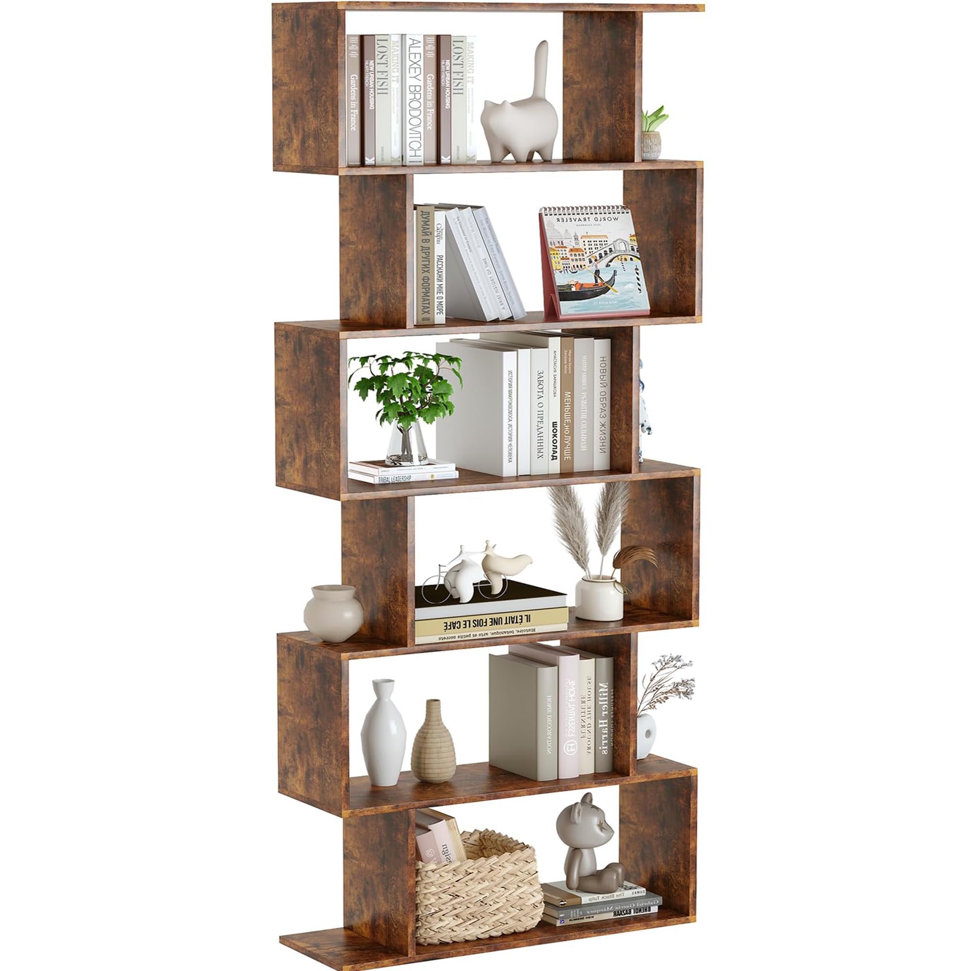 Yusong Geometric Bookcase, Bookshelf 6-Tier S Shaped Book Shelves for Bedroom, Modern Wood Decorative Display Shelf Tall Book Case for Home Office, Rustic Brown
