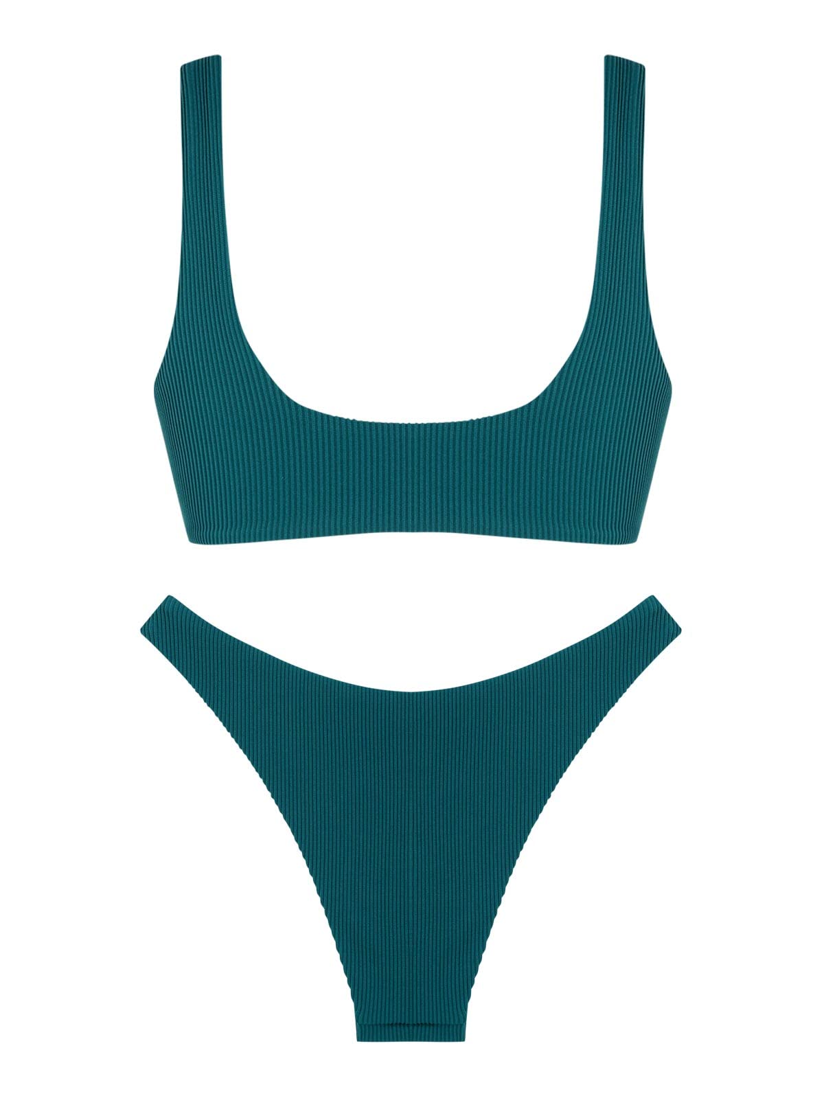 ZAFUL Ribbed Twisted Front Bikini Set for Women Cute Scoop Neck Textured Two Piece Swimsuits Sport Tank Bathing Suit(Deep Green,M)