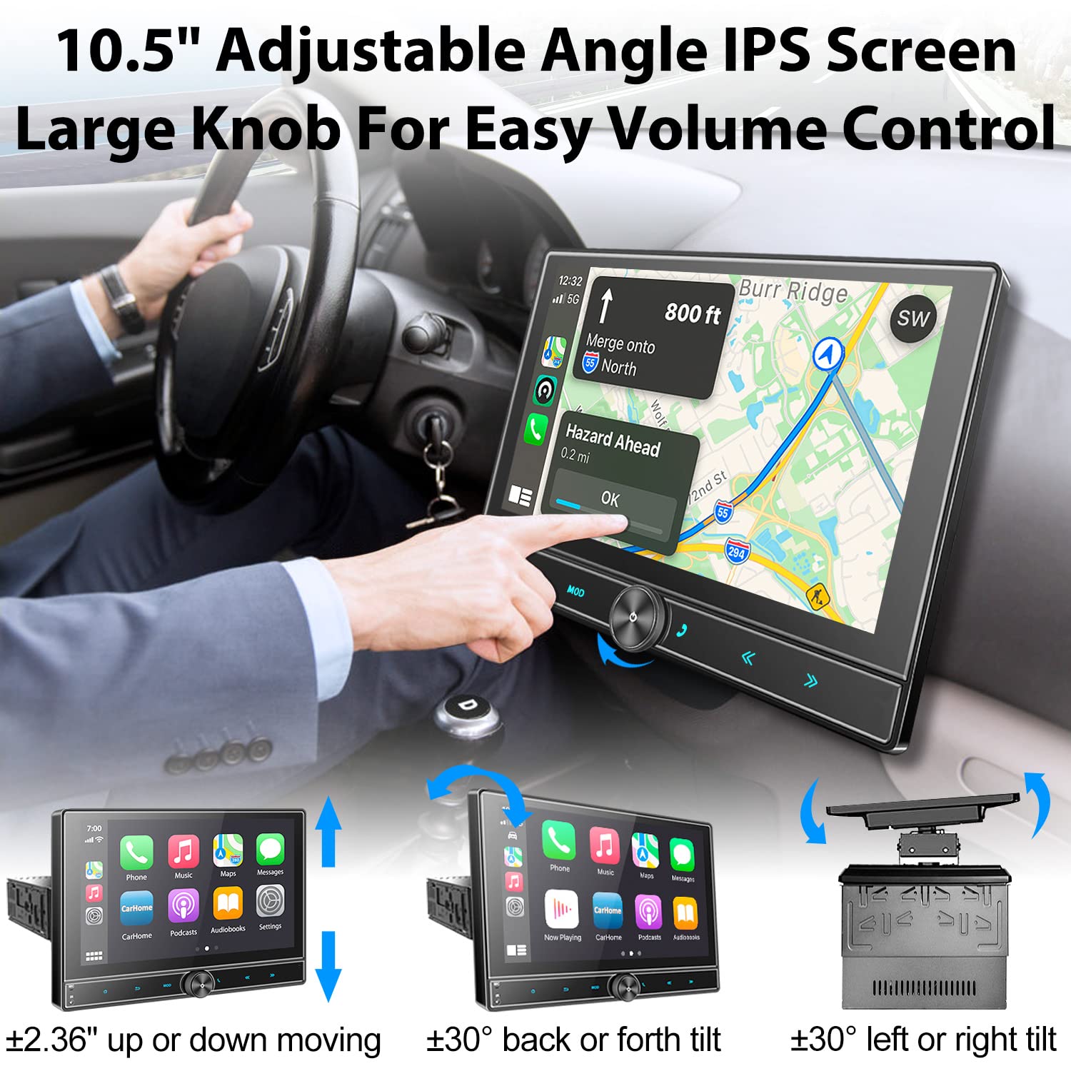 Westods Detachable and Adjustable 10.5" HD IPS Large Screen Single Din Car Stereo - CarPlay, Android Auto, Steering Wheel, Bluetooth, Subw, Mirror Link, FM/AM Car Radio, Backup Camera, USB/SD/AUX