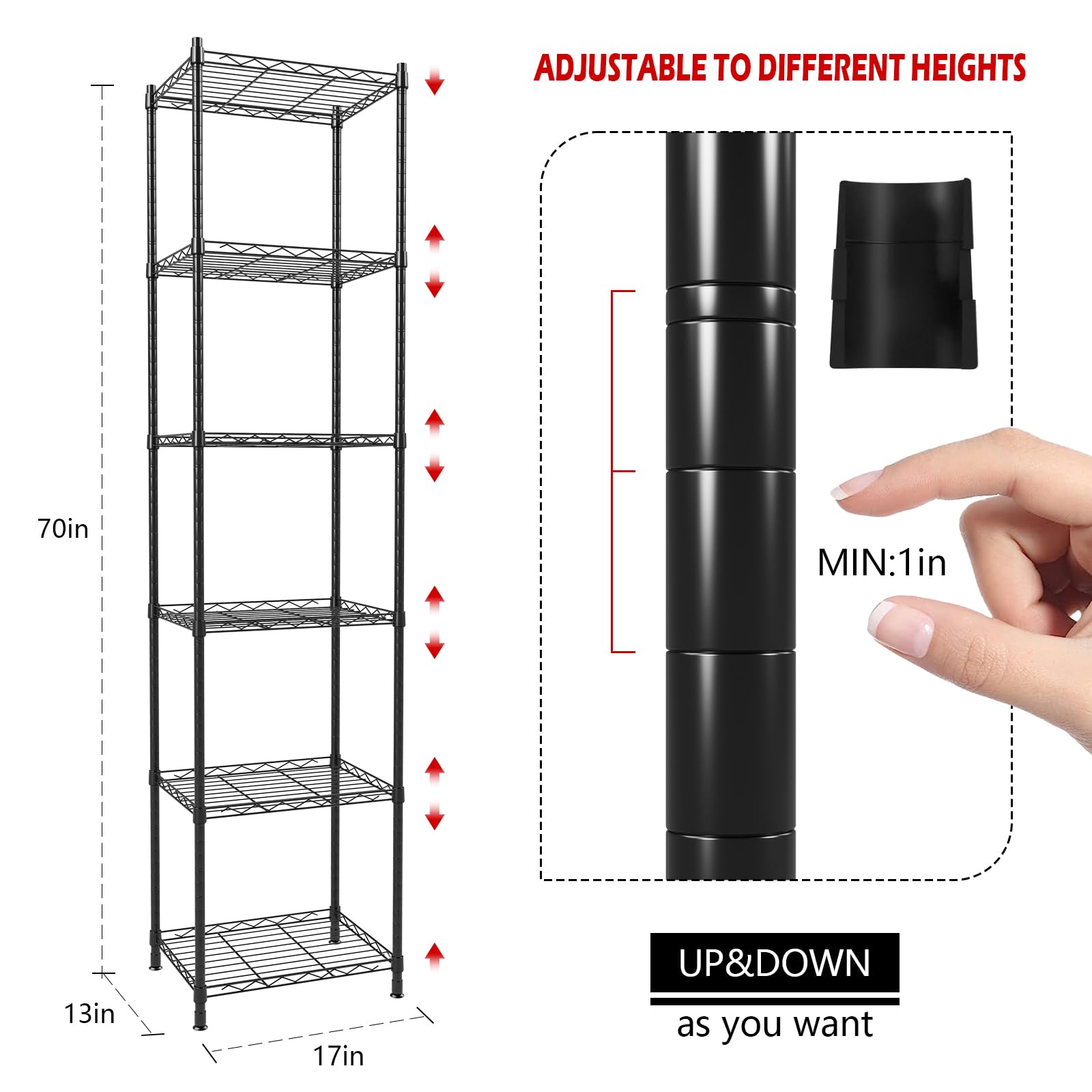 ZHAZHADI 6 Tier Adjustable Spacing Storage Shelf Metal Storage Rack Wire Shelving Unit Storage Shelves Metal 792Lbs Capacity 17" L x 13" W x 70" H for Pantry Closet Kitchen Laundry Black
