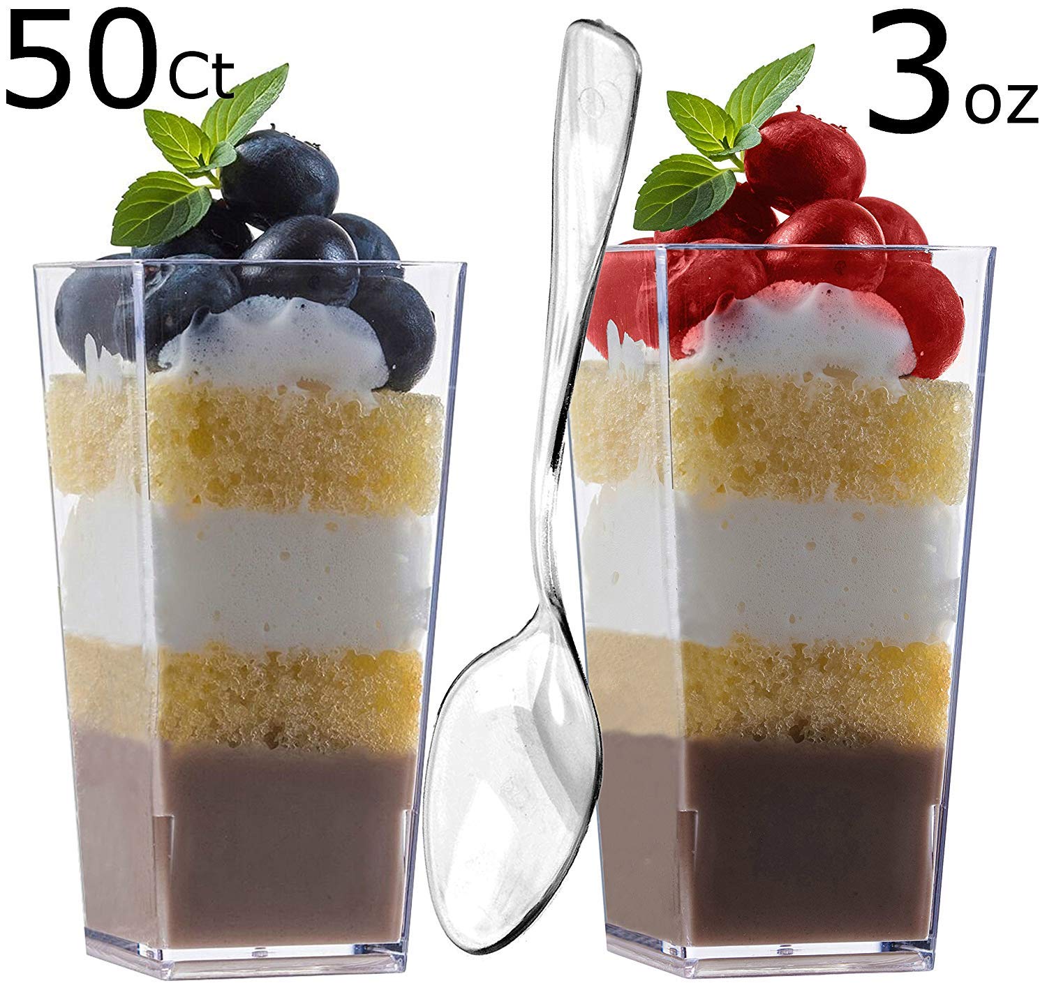 Zappy Tall Square Mini Cube 3oz Clear Plastic Tasting / Sample Shot Glasses Parfait / Souffle Jello Dessert Tumbler Cups 40 Ct Party Mini Dessert Cups