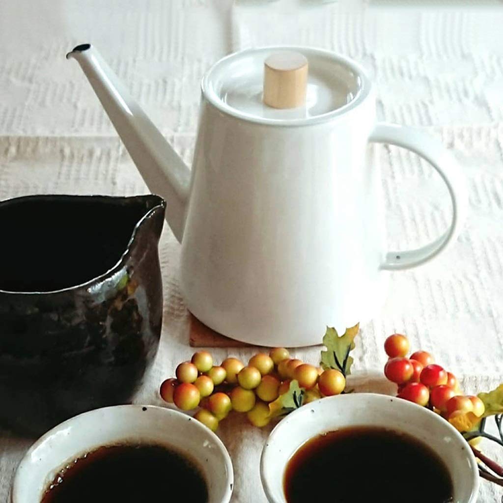 ZNZN White Straight Fire Kettle Enamel Craft Kettle with Wooden Lid. Teapot Suitable for All Stoves (1.3L,43.9OZ) Multifunctional Water Kettle
