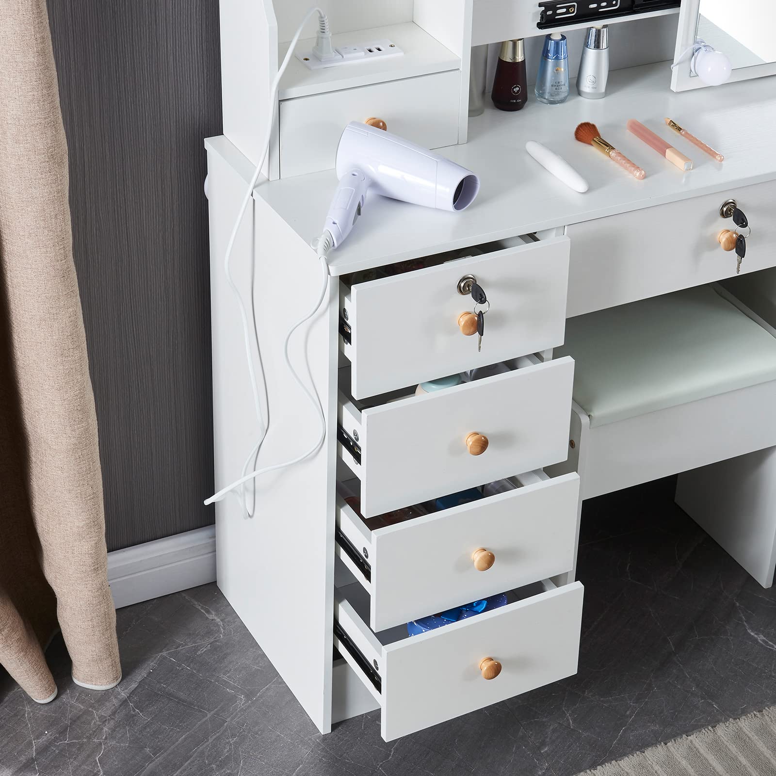 White Makeup Vanity Desk with 10 Light Bulbs, Vanity Desk with Mirror and 3 Lighting Modes, 6 Drawers and Shelves for Bedroom, Dressing Room