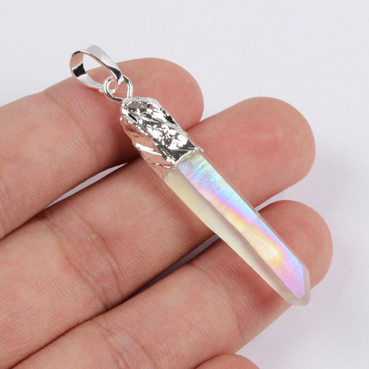 ZENGORI Silver Plated Angel Cluster Aura Titanium Druzy Quartz Crystal Point Pendant Bead