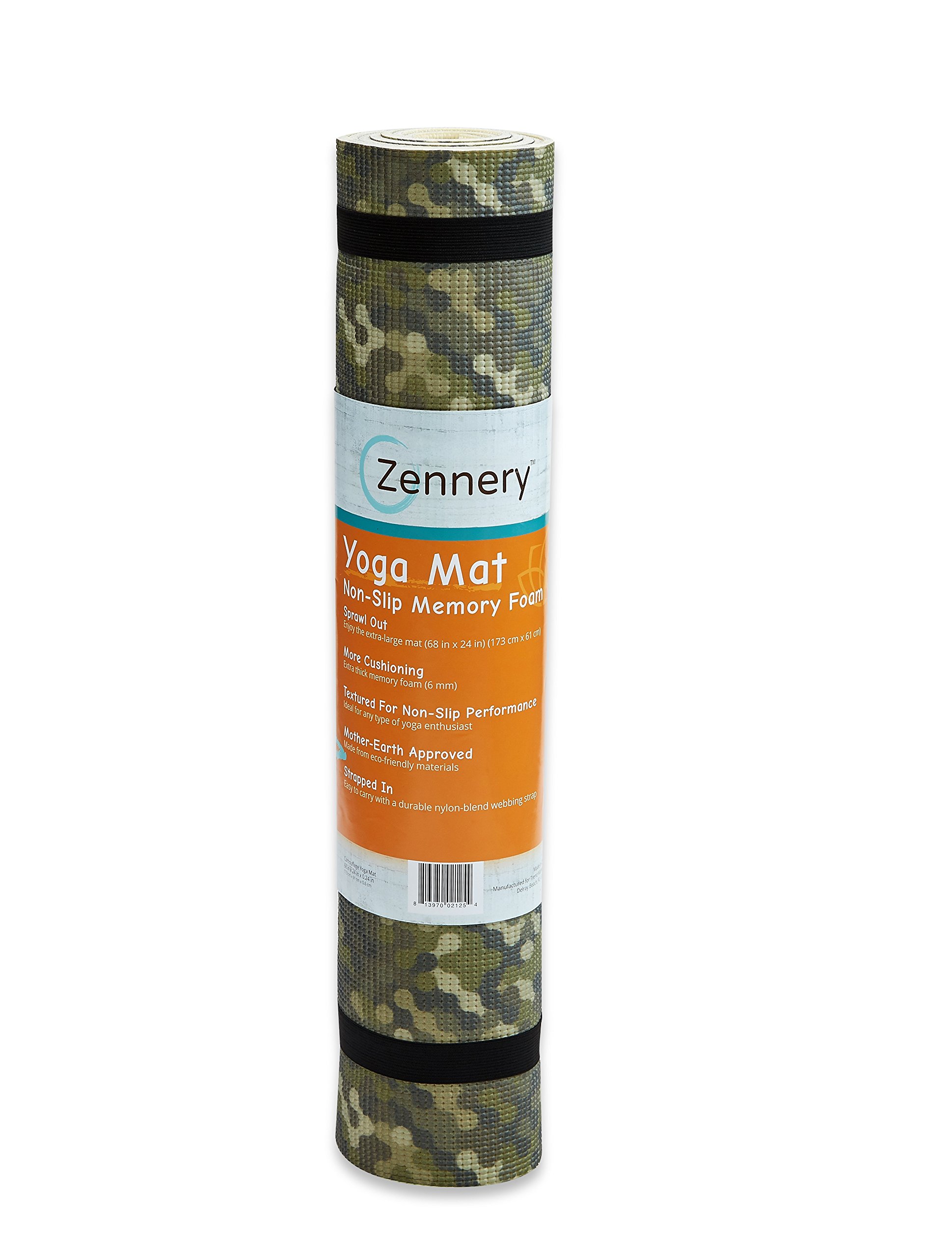 Zennery Best All Purpose, Professional - Non-Slip - Extra Durable - 2 Sided, Textured Exercise Yoga Mat ¼ inch EXTRA THICK, Deluxe (68” X 24”) with Carrying Strap, Phthalate freeCamouflage