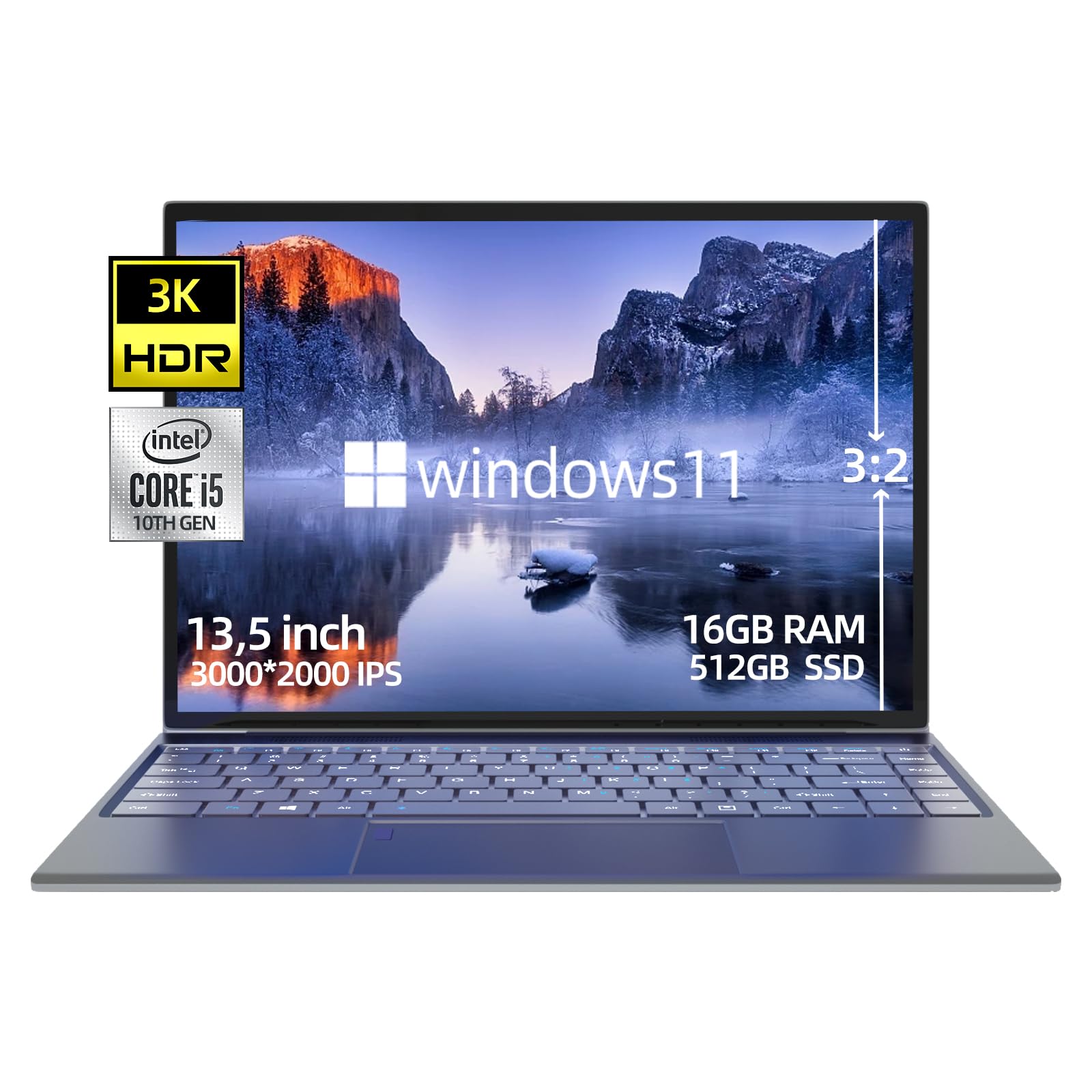 Win11 Laptop, 13.5" 3K (3000 x 2000) IPS Display，16GB+512GB SSD，10th Generation i5-1035G1 Up to 3.6GHz, Slim Notebook, Full Metal, Backlit Keyboard, Full Function Type C, Finger Print